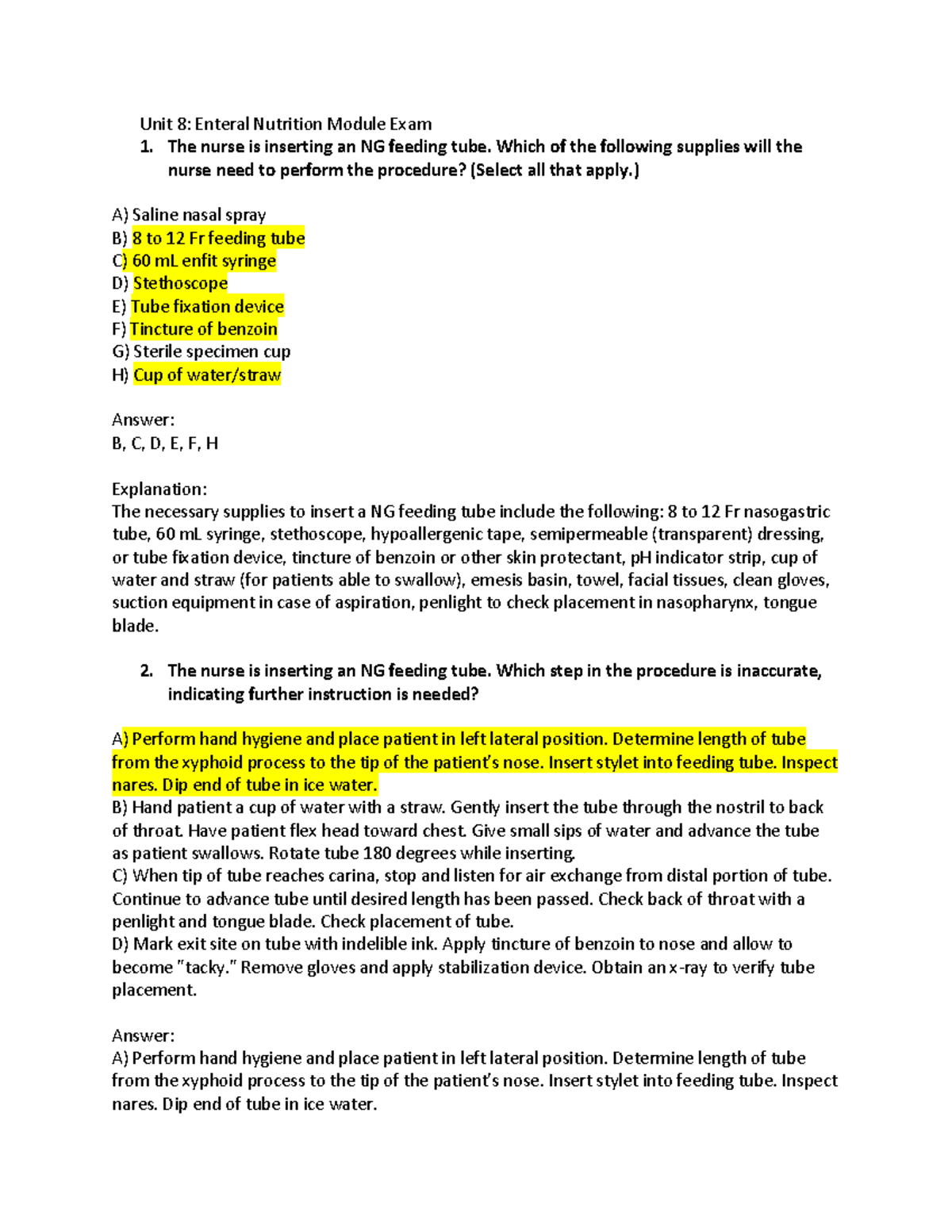 Unit 8 Enteral Nutrition Module Exam - Which of the following supplies ...