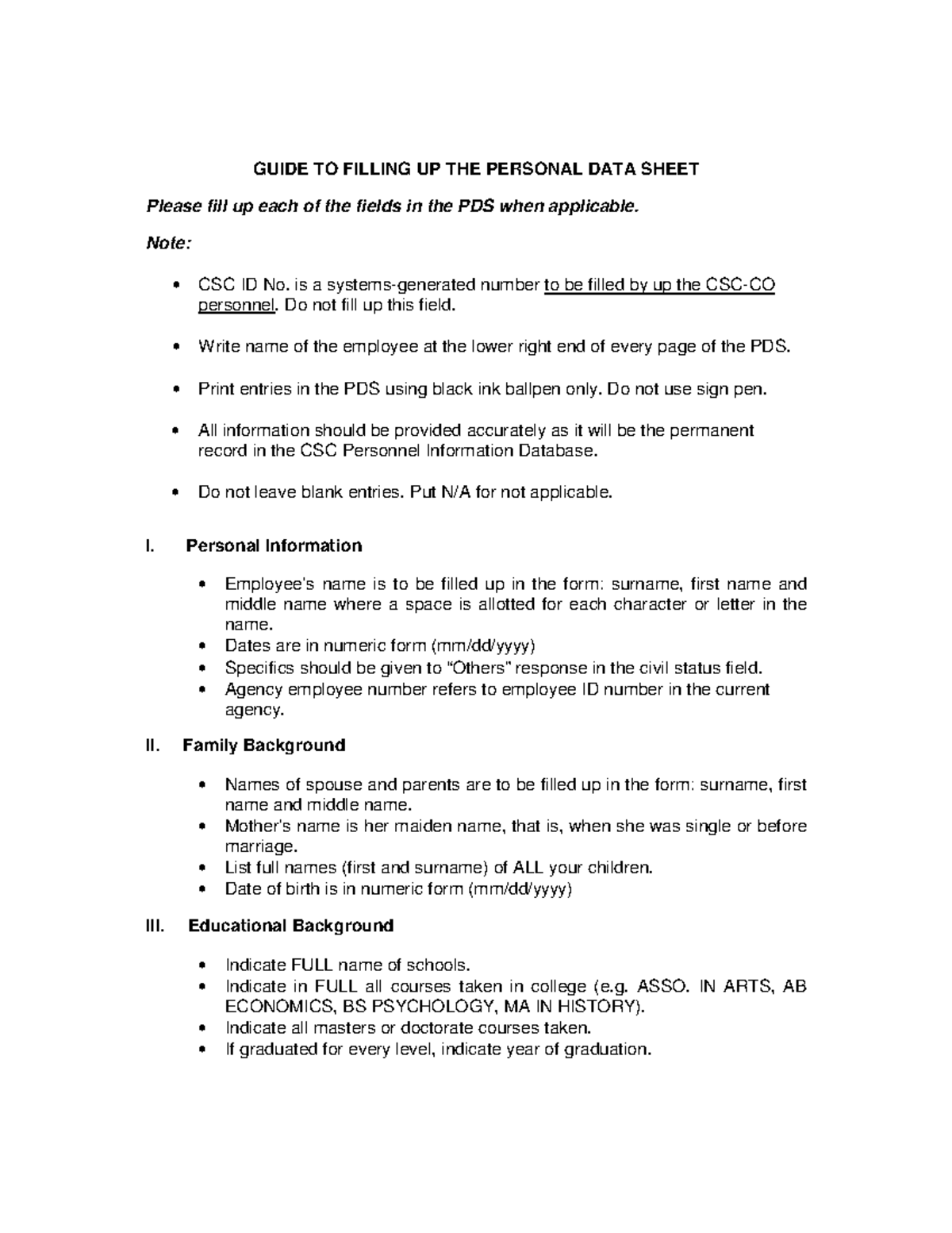 Guide to Filling up the PDS - GUIDE TO FILLING UP THE PERSONAL DATA ...