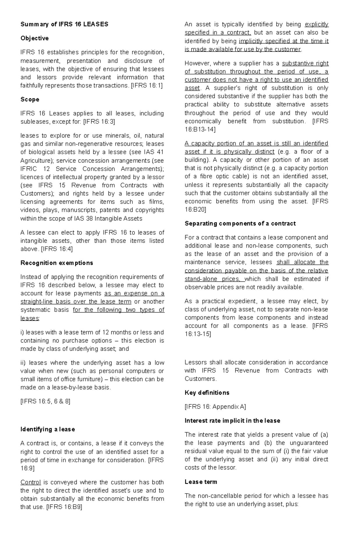 Summary Of IFRS 16 Leases Summary Of IFRS 16 LEASES Objective IFRS 16