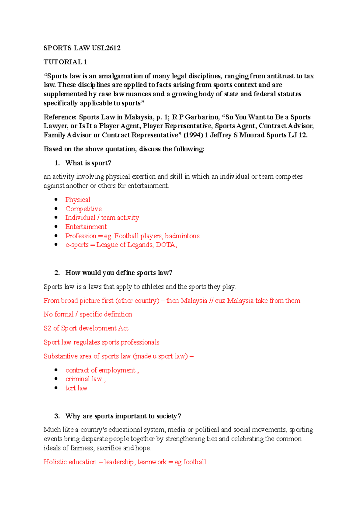 Sport Law tutorial 1 - for reference only - SPORTS LAW USL TUTORIAL 1 ...