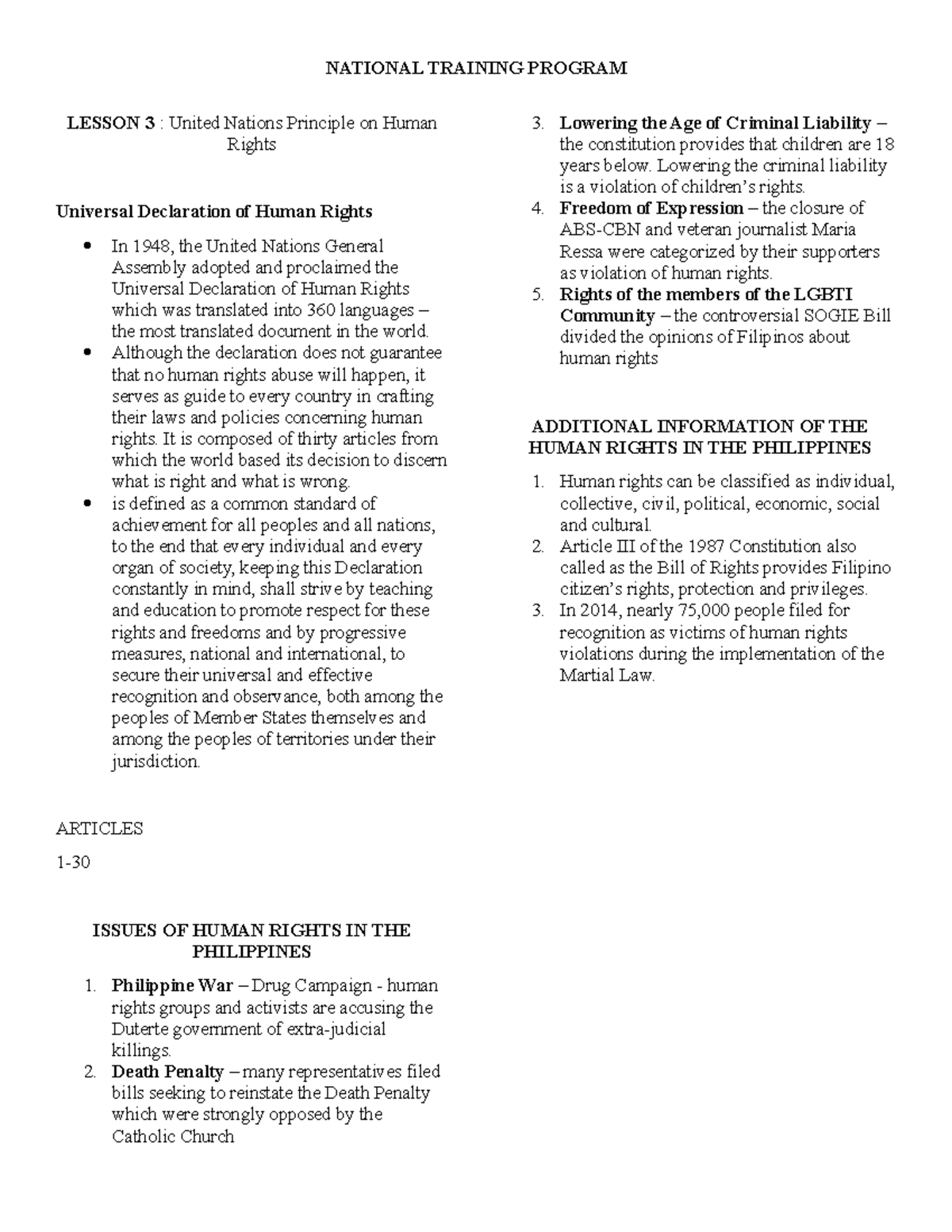 Lesson 1 of NSTP - NATIONAL TRAINING PROGRAM LESSON 3 : United Nations ...