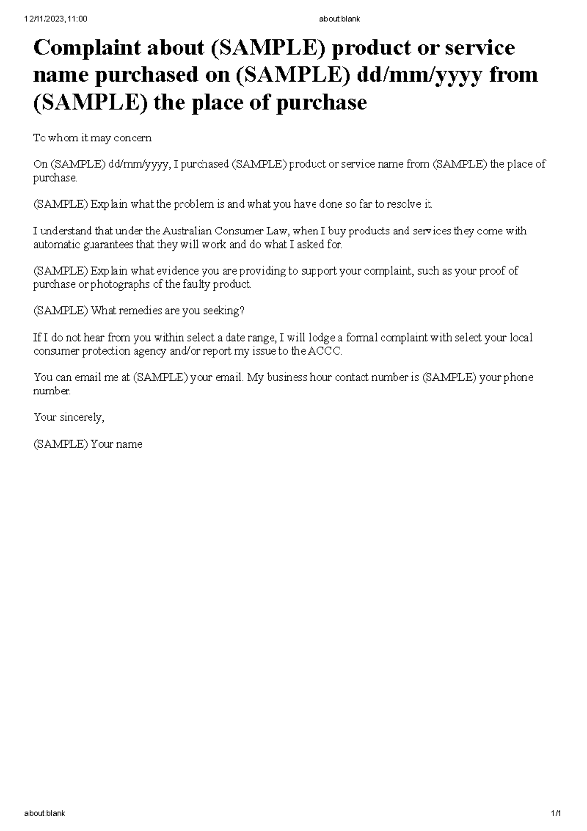 Consumer law ACCC letter sample - 12/11/2023, 11:00 about:blank about ...