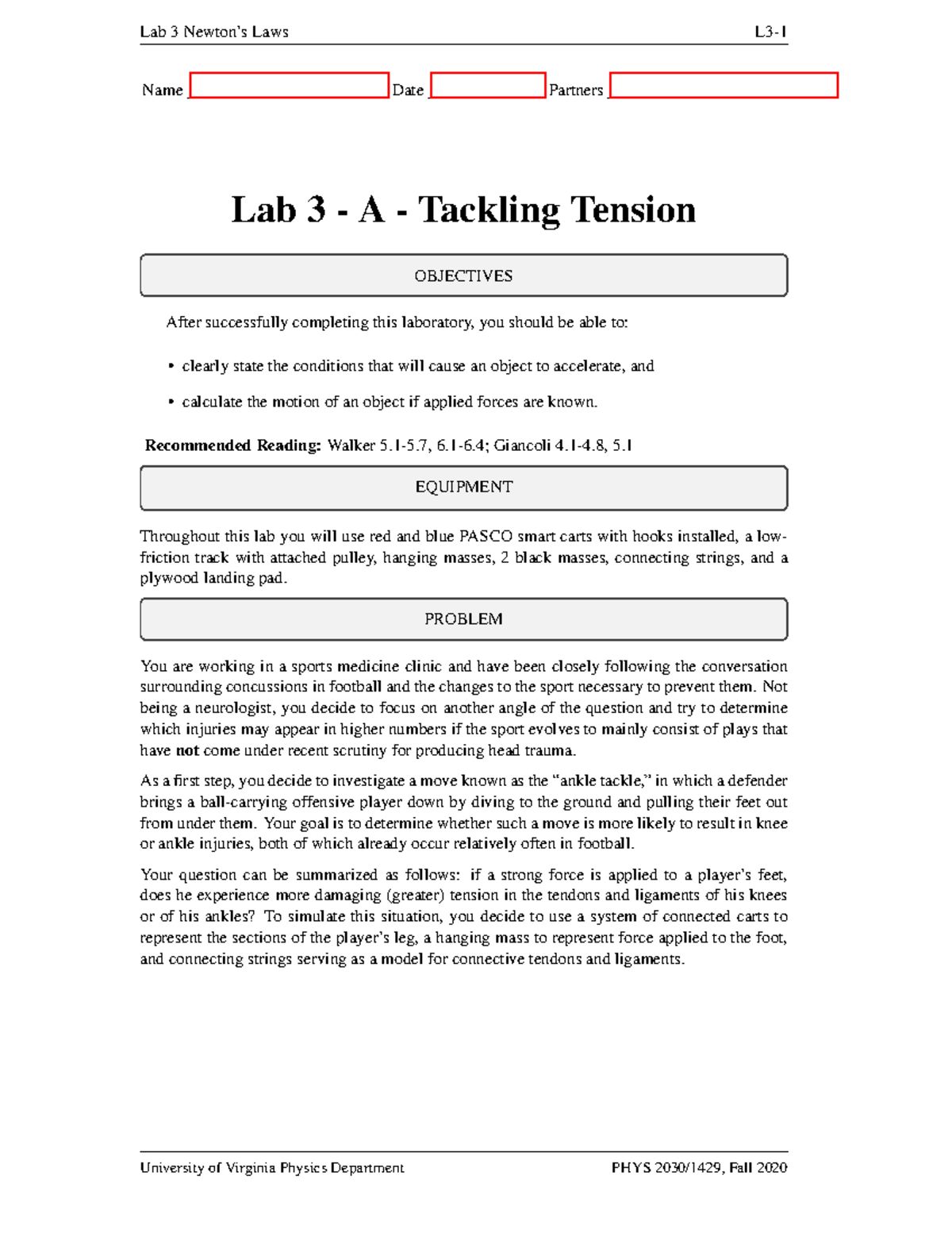 Lab03 A Lab Assignment Lab 3 Newtons Laws L3 Name Date Partners 