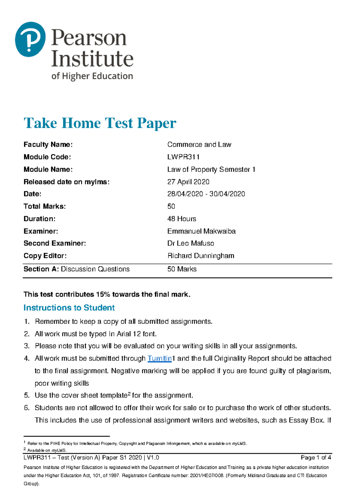 LWPR311 - Take Home Test Paper S1 2020 (V1 - LWPR311 – Test (Version A ...