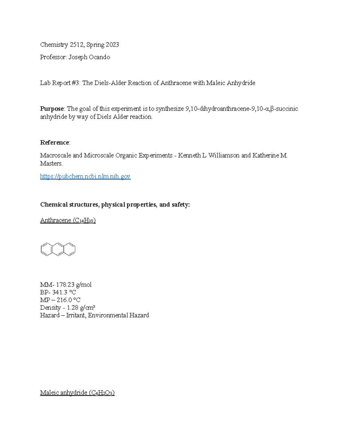 Organic Chemistry 2 Lab report 3 - Chemistry 2512, Spring 2023 ...