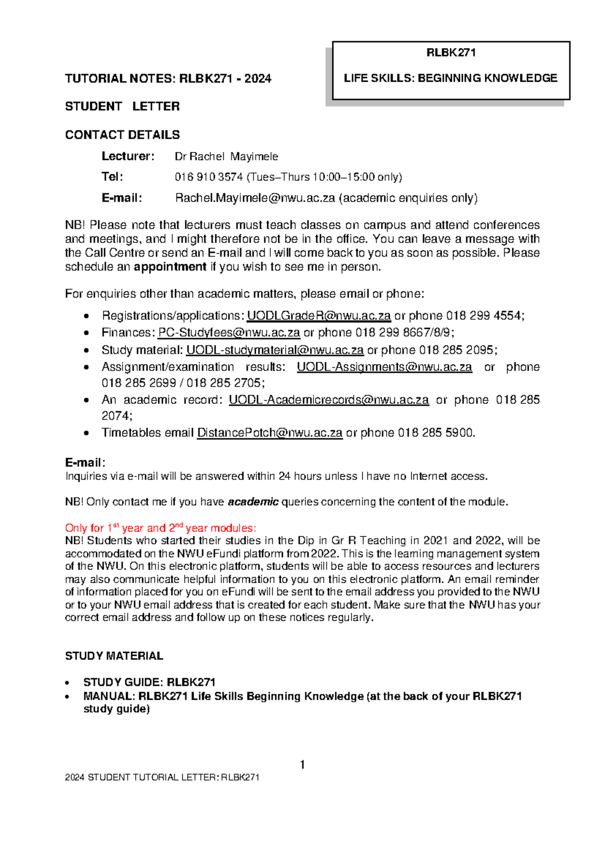 RLBK271 Tutorial 2024 - 1 RLBK TUTORIAL NOTES: RLBK 271 - 2024 LIFE ...