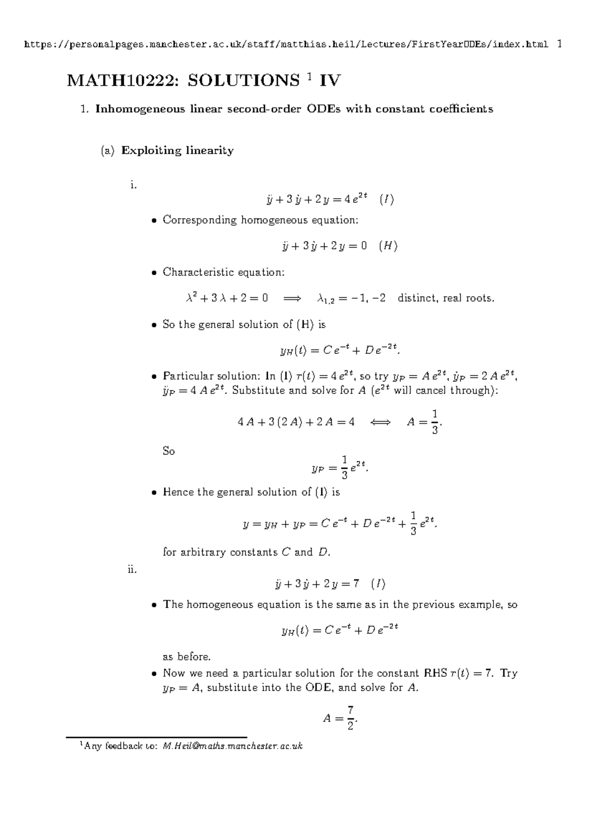 SOLUTIONS TO EXAMPLE SHEET 4 - MATH10222: SOLUTIONS 1 IV Inhomogeneous ...