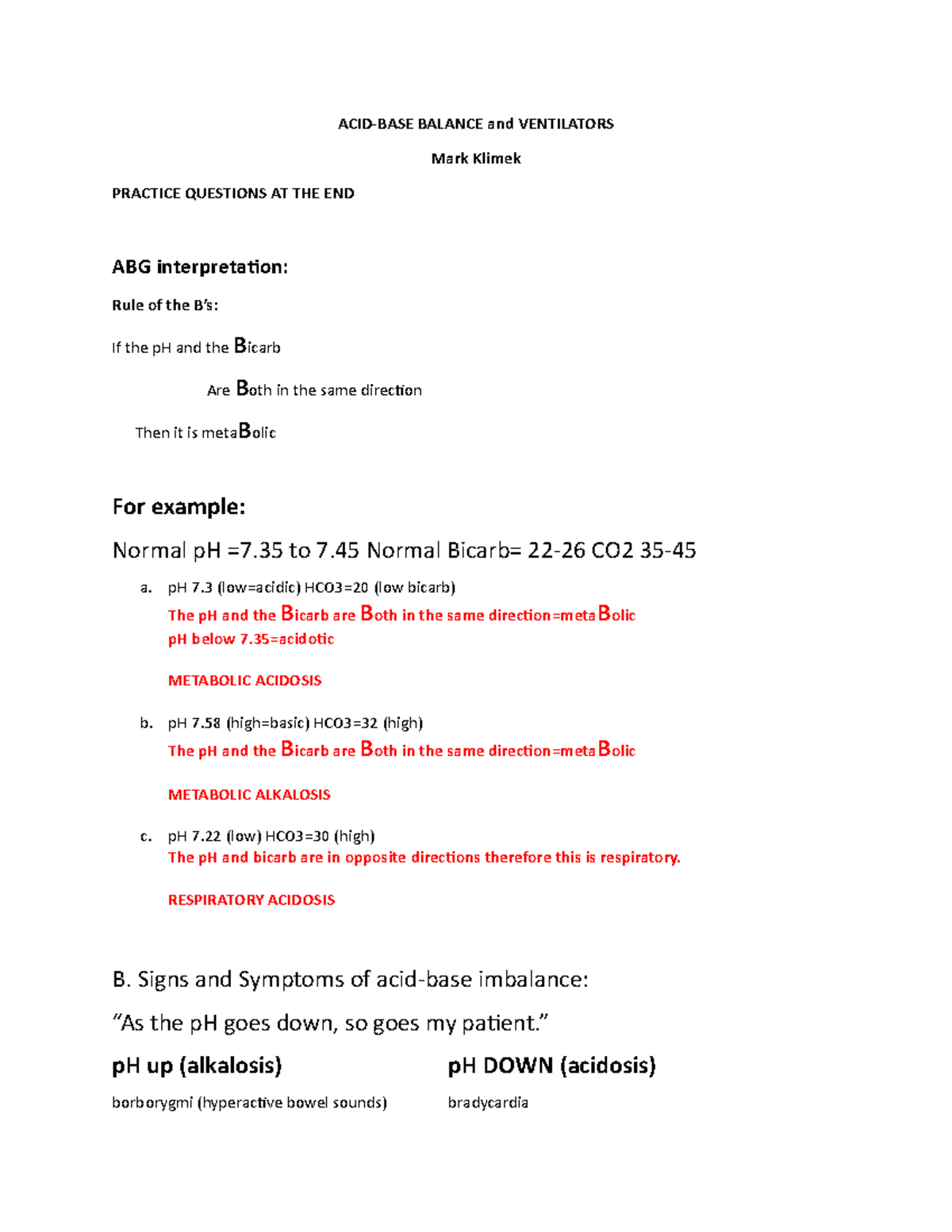 Acid-Base Balance - notes - ACID-BASE BALANCE and VENTILATORS Mark ...