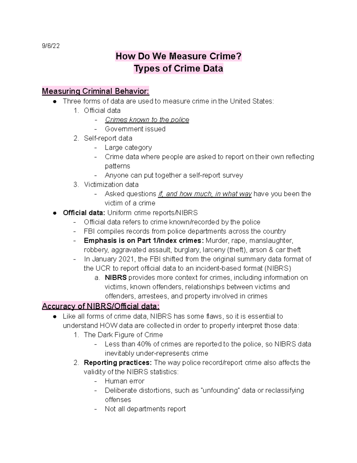 CRMJ 254 Types of Crime data - 9/6/ How Do We Measure Crime? Types of ...