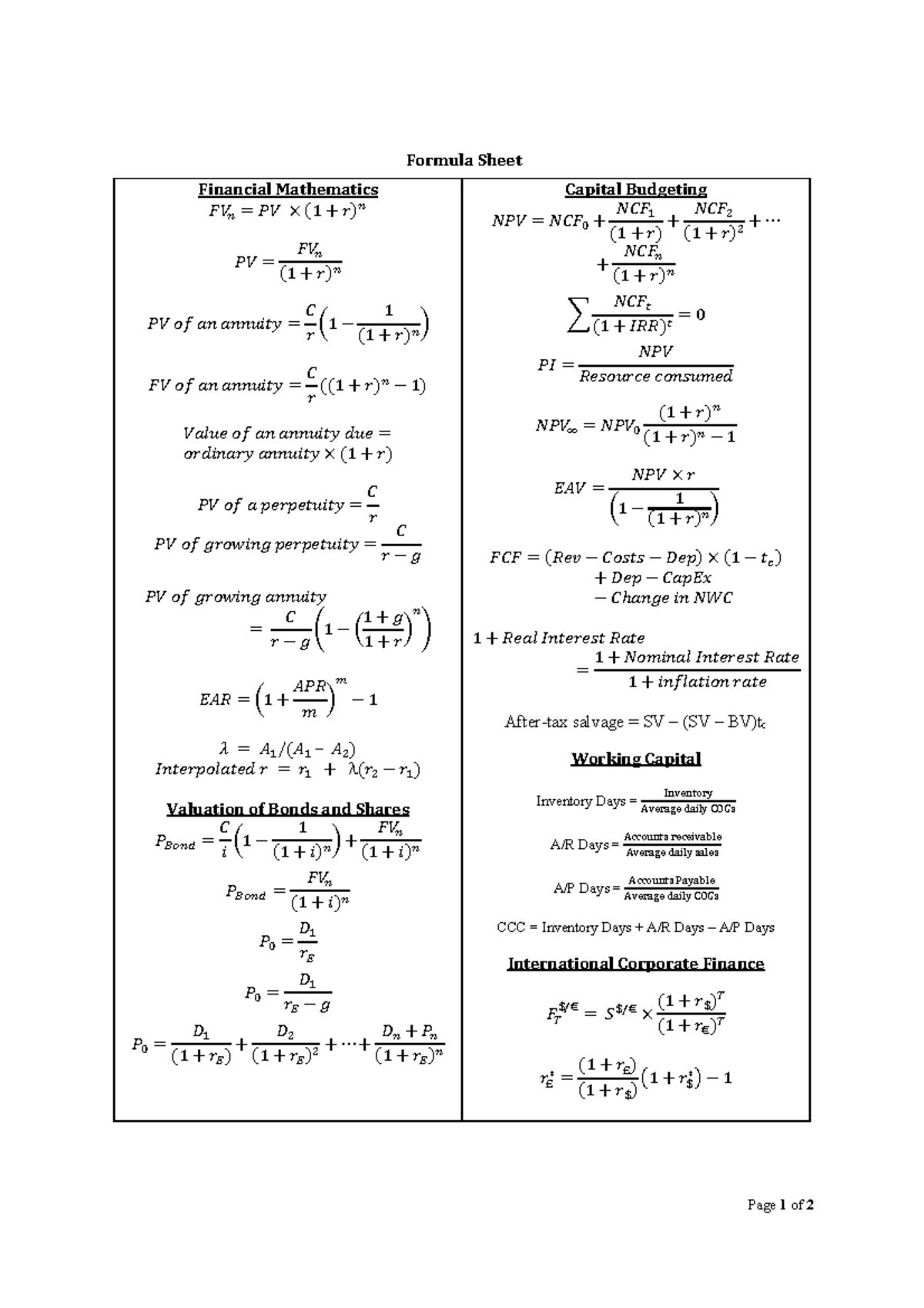 finance formula sheet - Page 1 of 2 Formula Sheet Financial Mathematics ...