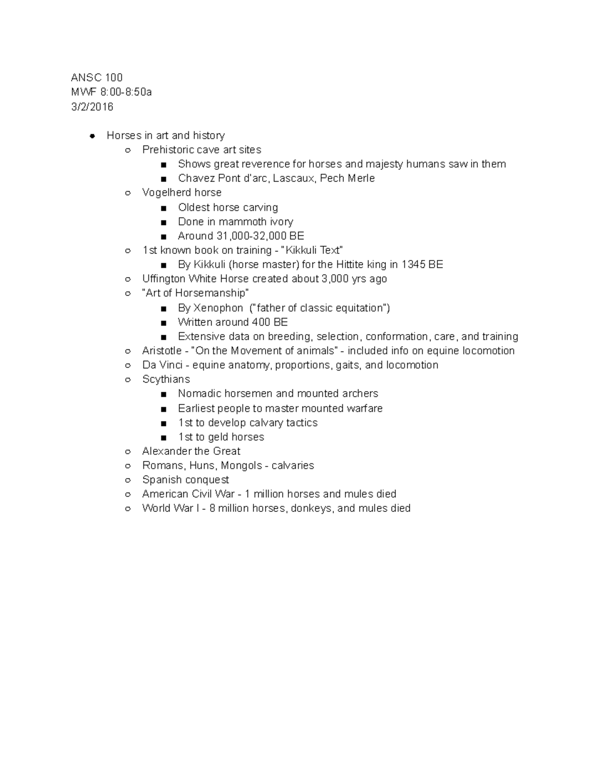 ANSC100_Lecture15 - ANSC 100 MWF 8:00-8:50a 3/2/2016 Horses in art and ...