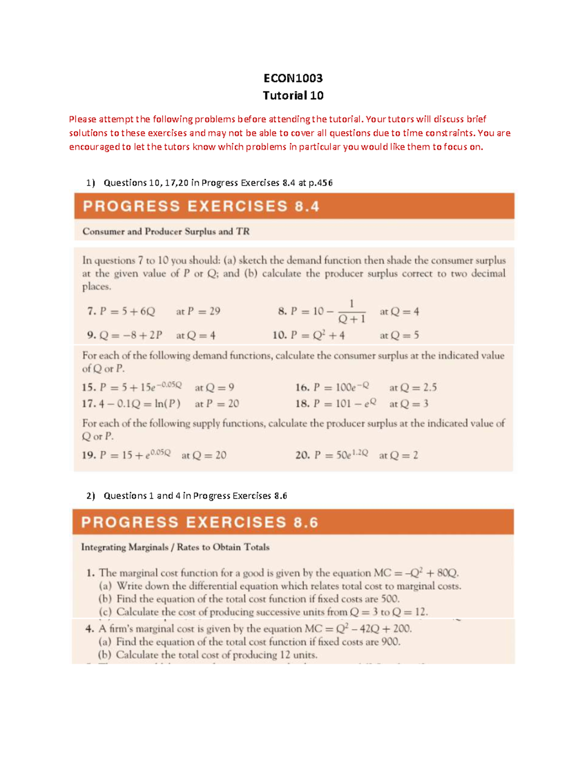 Tutorial 10 S12024 - ECON1003 - ECON Tutorial 10 Please attempt the following problems before ...