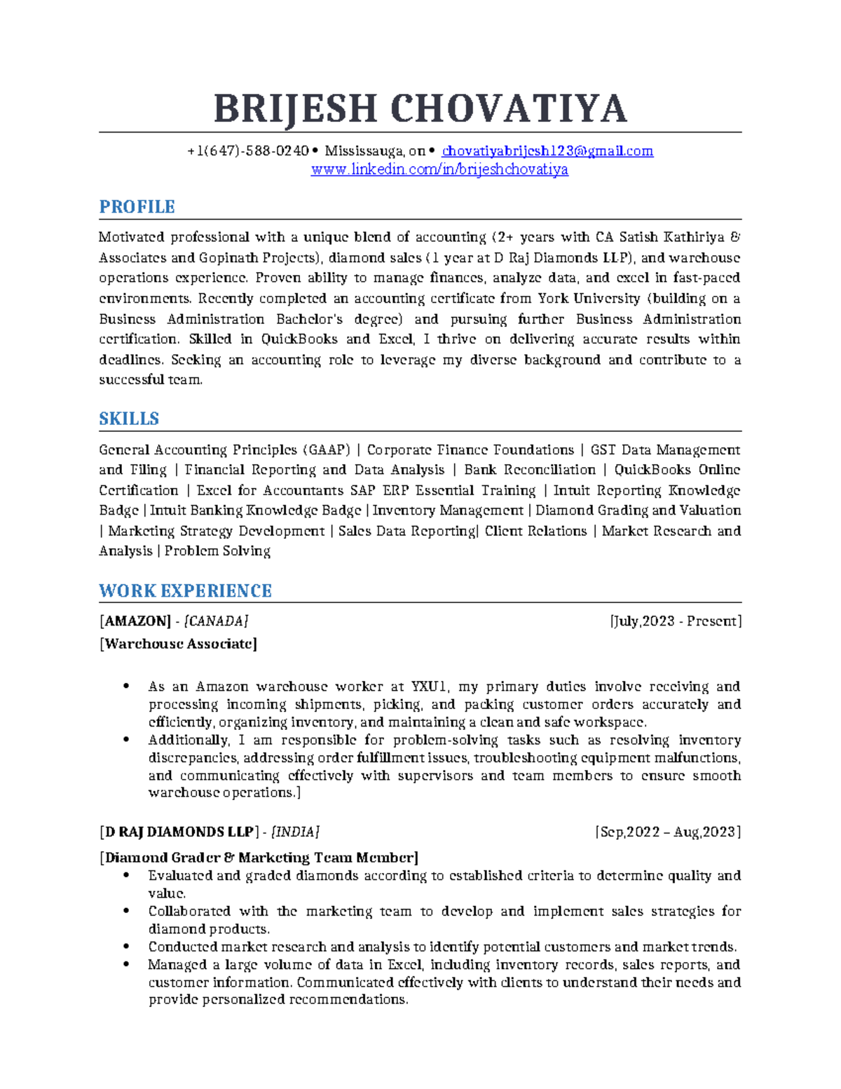 Resume professional final - Copy - BRIJESH CHOVATIYA +1(647)-588-0240 Mississauga, on - Studocu