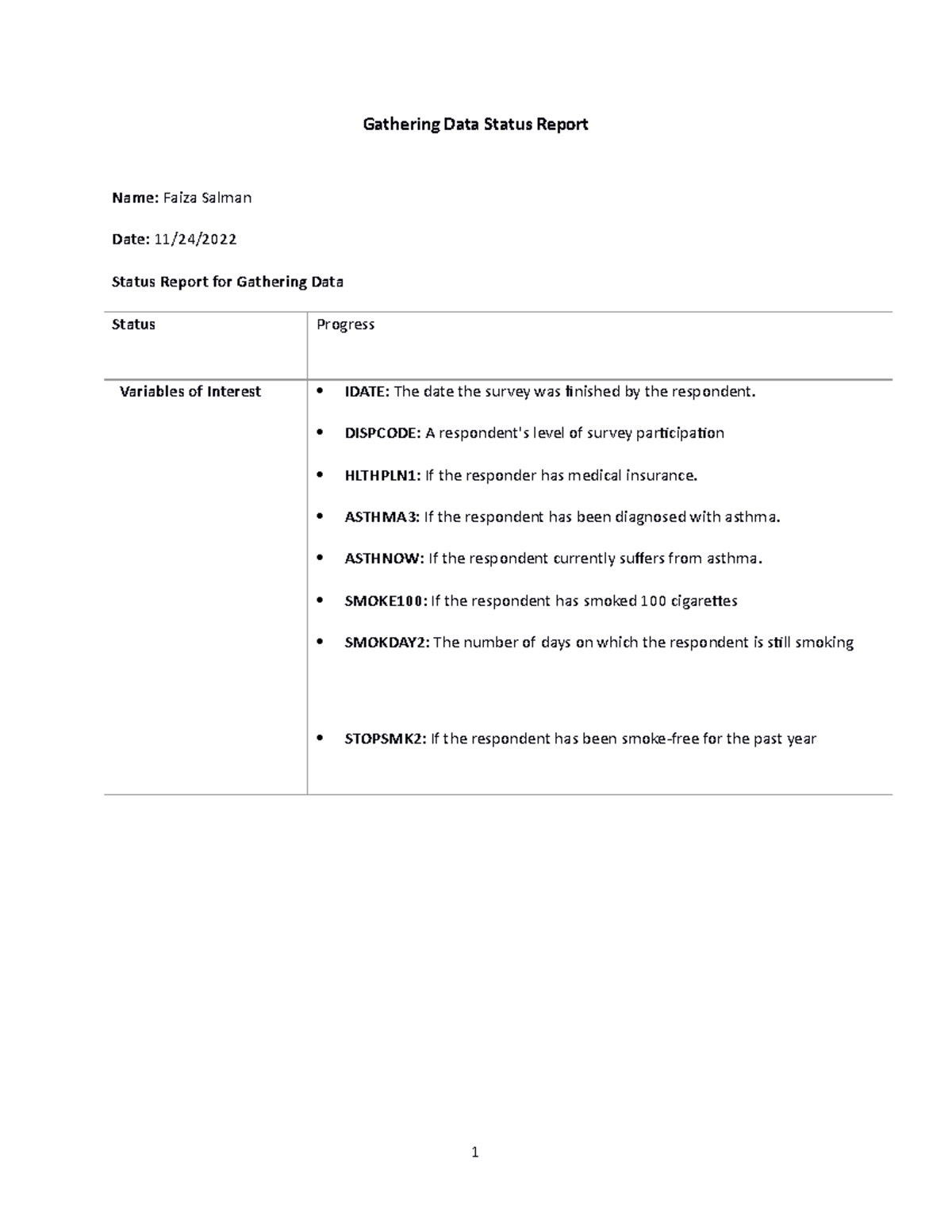 DAT 223 Gathering Data Assignment Status Report - Gathering Data Status ...