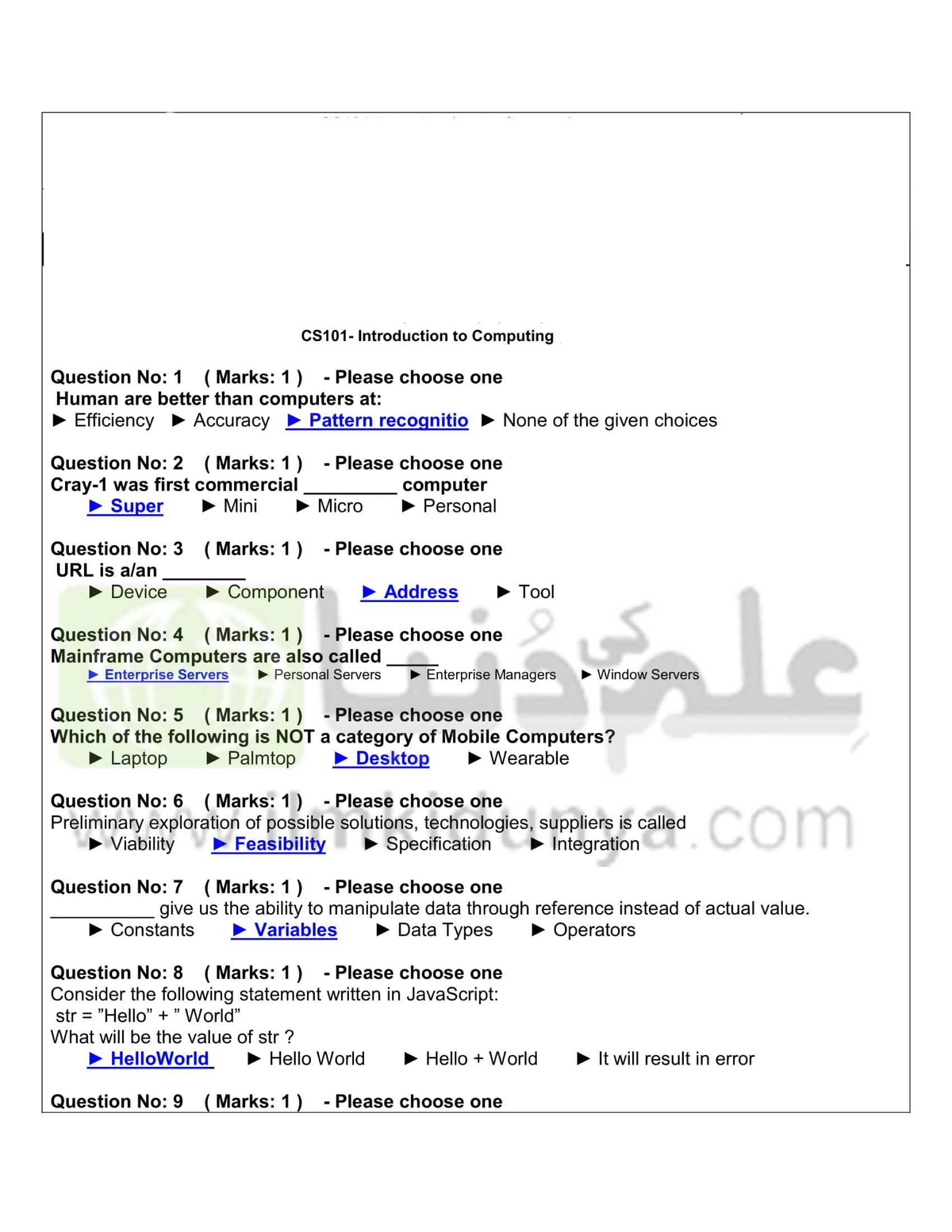 CS101 2010 Past Papers Obj Type - Computer science - Studocu