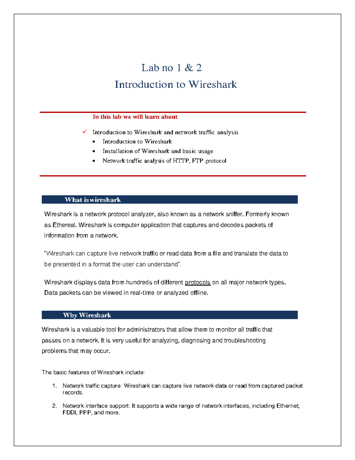 Lab 1 And 2 Networking Ms Lab No 1 And 2 Introduction To Wireshark In