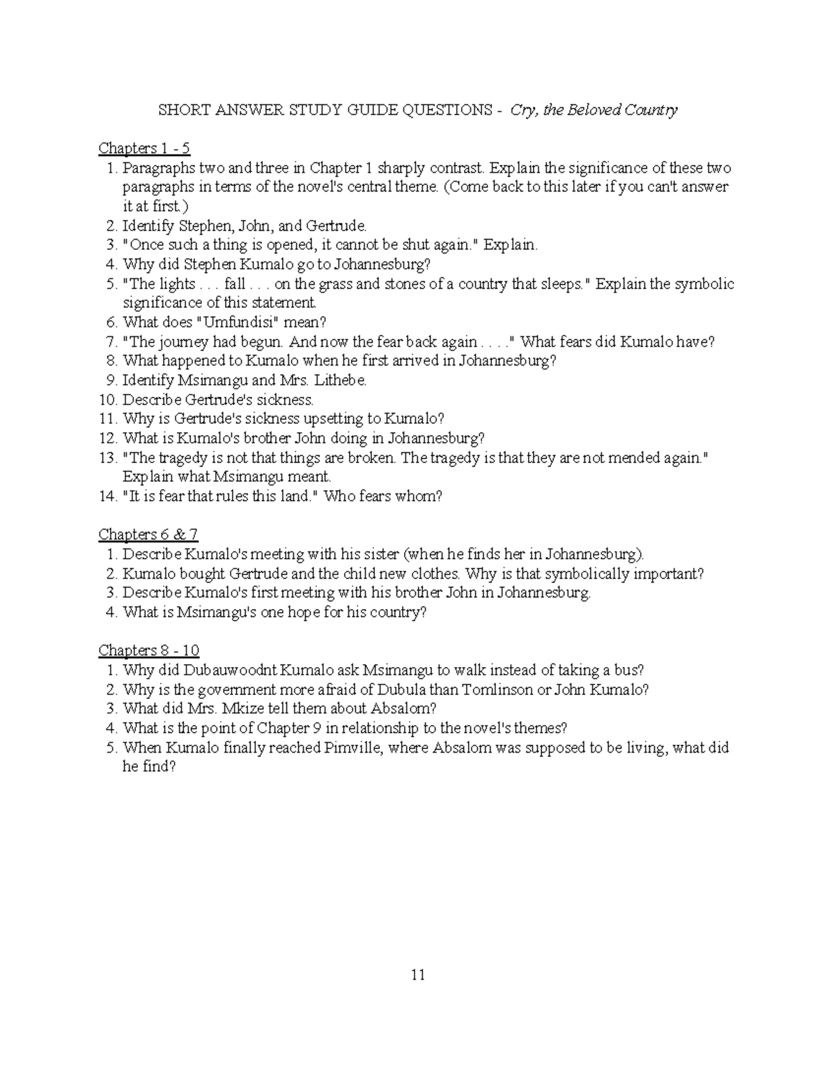 Cry-Beloved - grade 12 essays - 11 SHORT ANSWER STUDY GUIDE QUESTIONS ...