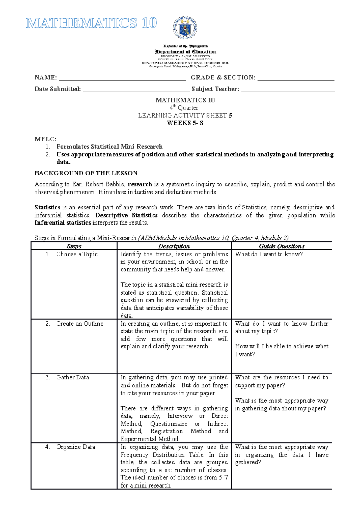 MATH10 LAS Q4 WK-5-8-3 - Grade 10 - ` NAME ... MATH10 LAS Q4 WK-5-8-3 - Grade 10 - ` NAME ...