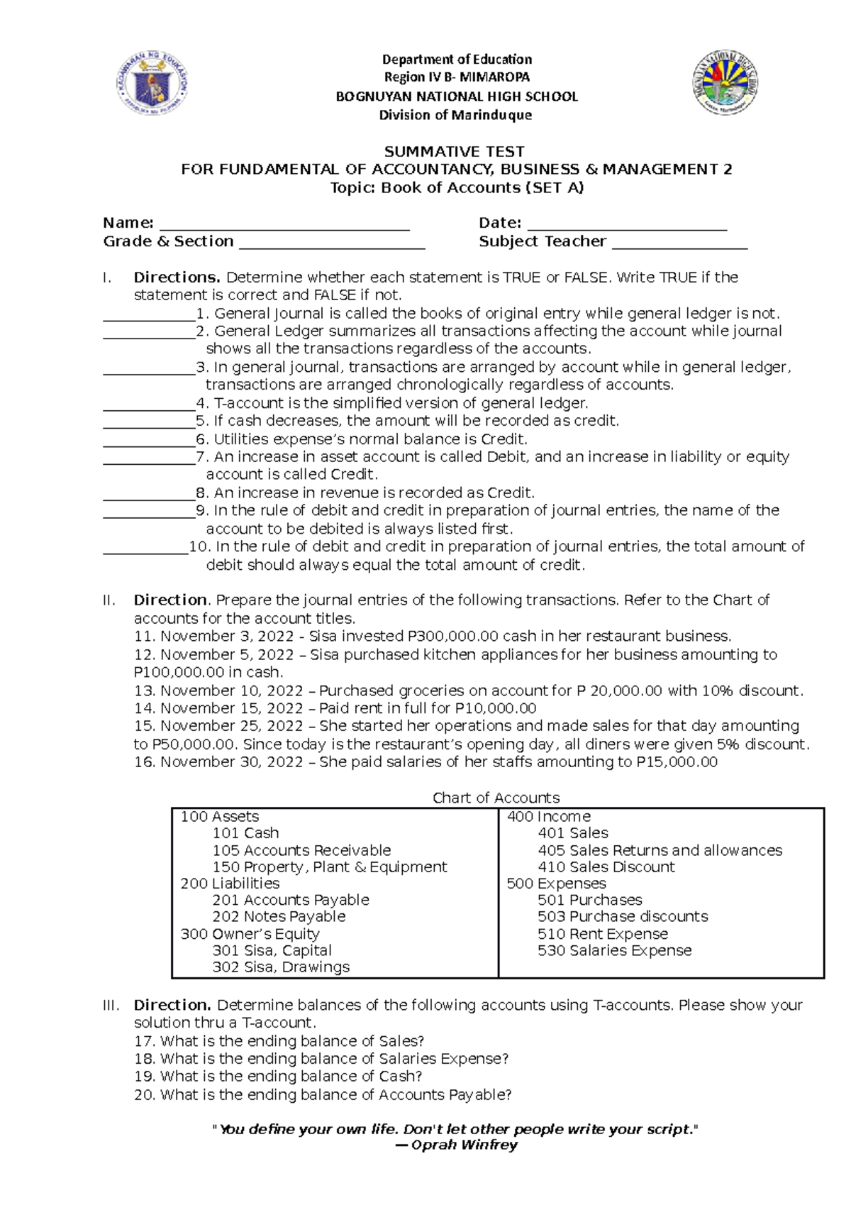 FABM2 Summative Test 1 - Department of Education Region IV B- MIMAROPA ...