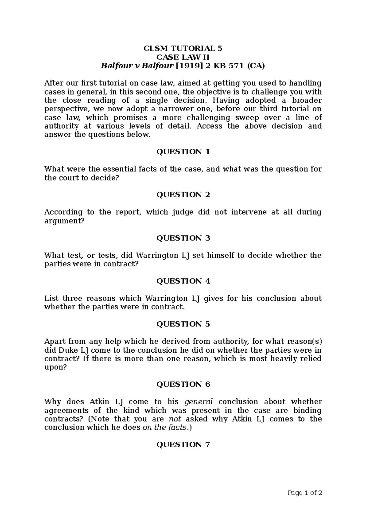 MATC - CLSM - Tut 5 - cases II - CLSM TUTORIAL 5 CASE LAW II Balfour v Balfour [1919] 2 KB 571 ...