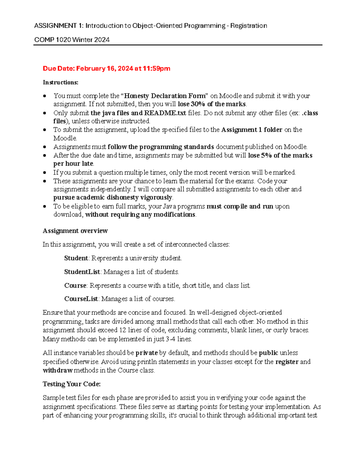 COMP1020 A1V2 - COMP 1020 Winter 2024 Due Date: February 16, 202 4 at 11:59pm Instructions ...