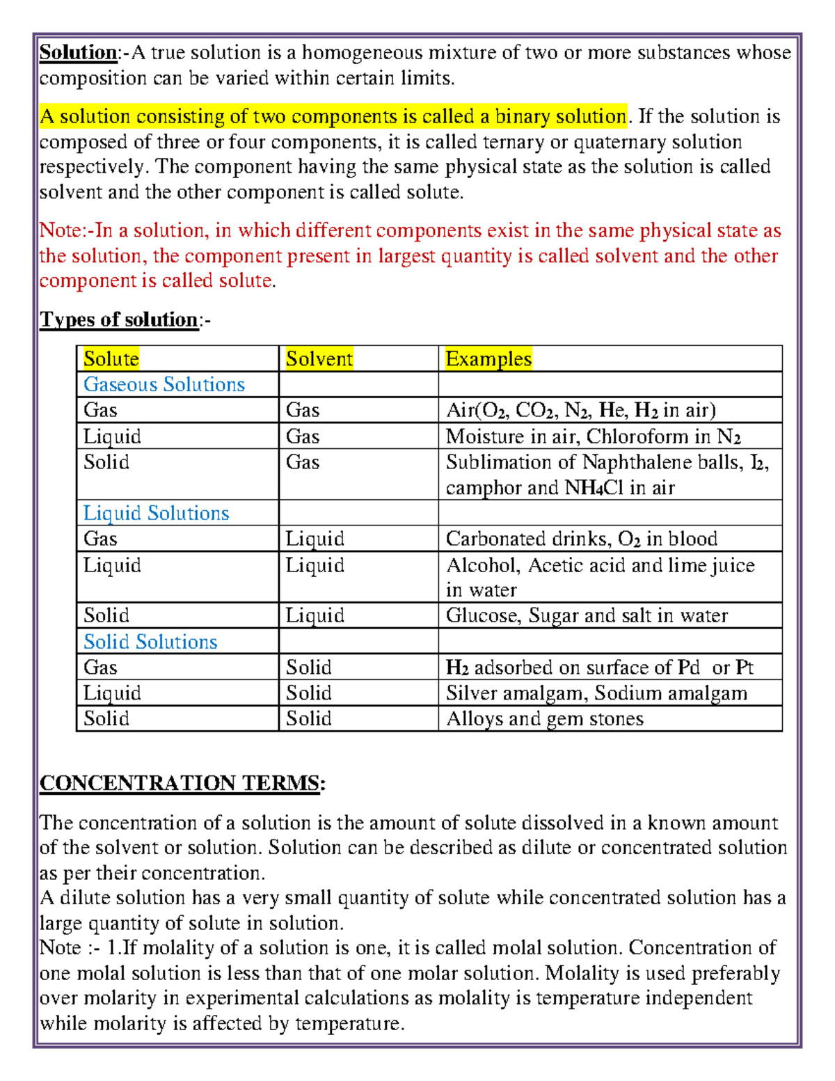 Solution notes complete - Solution:-A true solution is a homogeneous ...