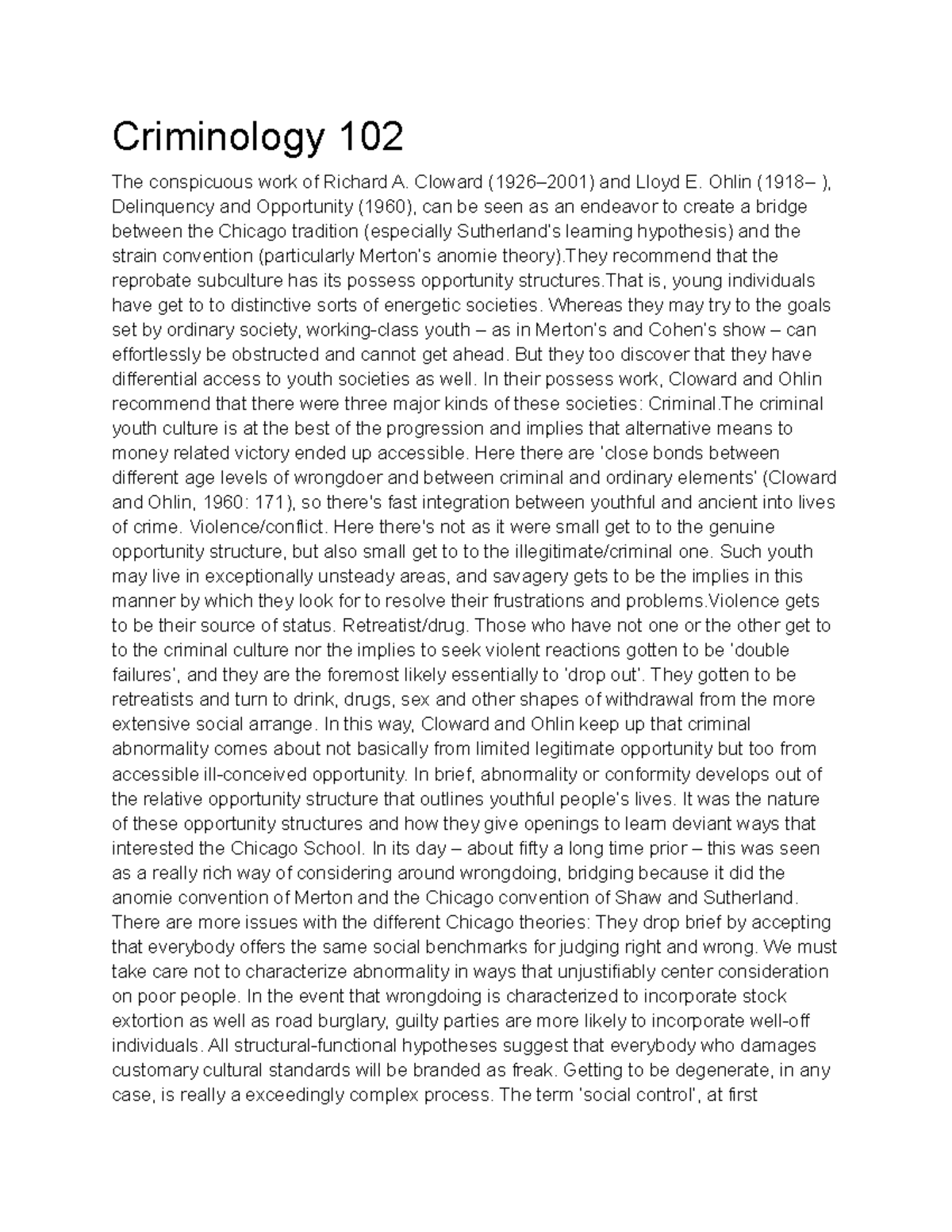 Criminology 102 - Criminology 102 The conspicuous work of Richard A ...