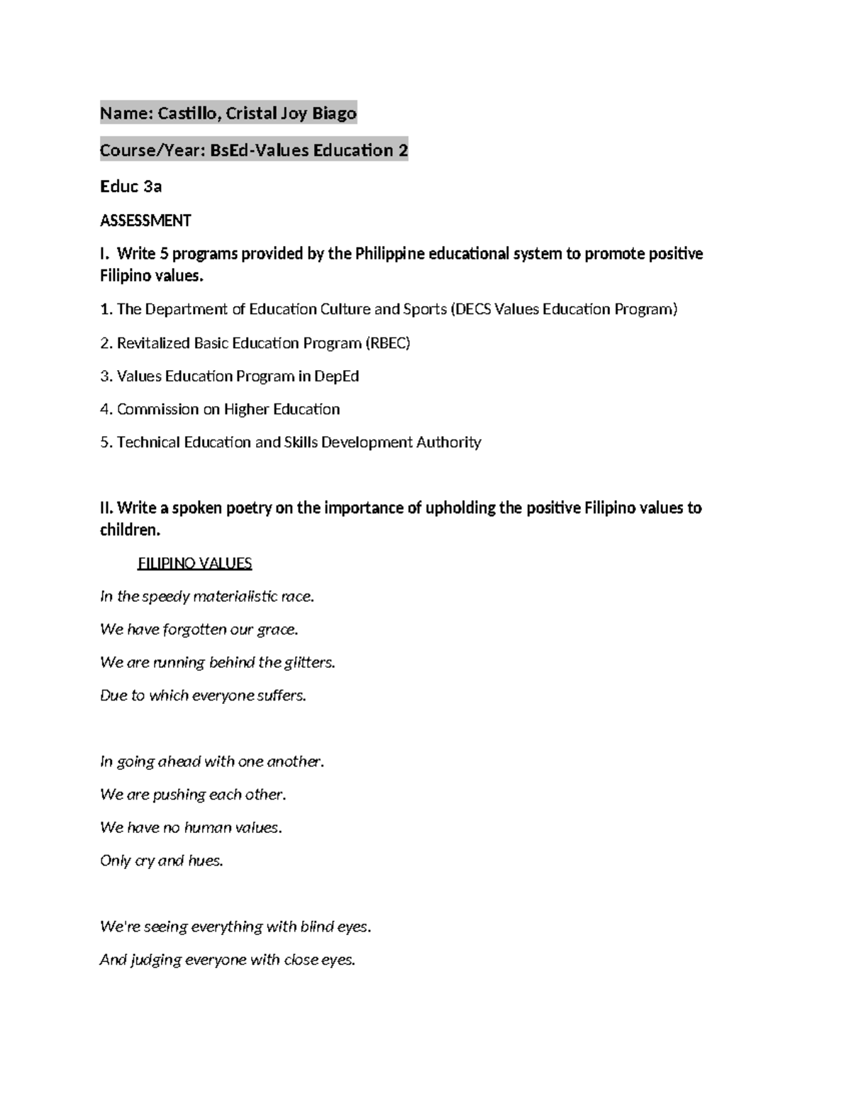 Document (38) - None - Name: Castillo, Cristal Joy Biago Course/Year: BsEd-Values Education 2 ...