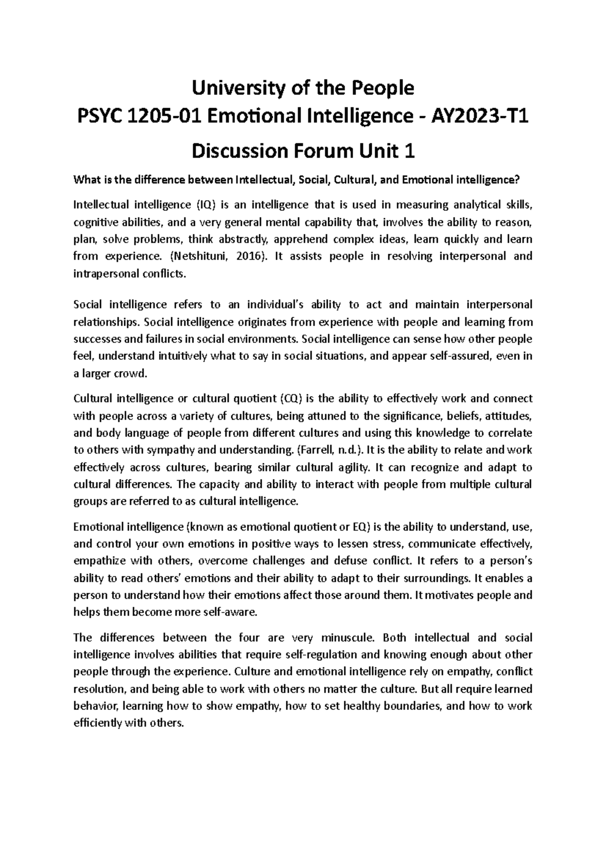 PSYC 1205 - Discussion Forum Unit 1 - University of the People PSYC 1205-01 Emotional ...