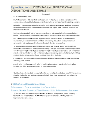 DFM3 - task 1 - Alyssa Martinez DFM3 TASK 4: PROFESSIONAL DISPOSITIONS AND ETHICS [Type here] A ...