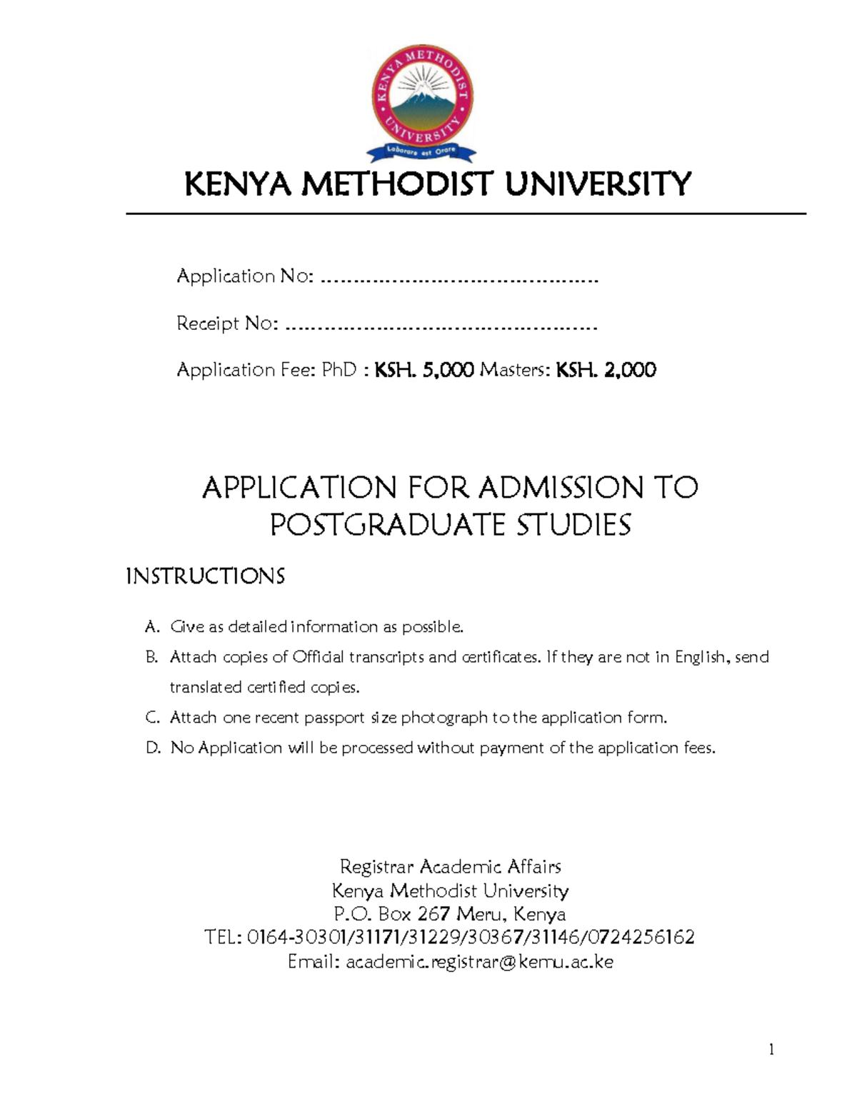 Postgraduate Application Form - KENYA METHODIST UNIVERSITY Application ...