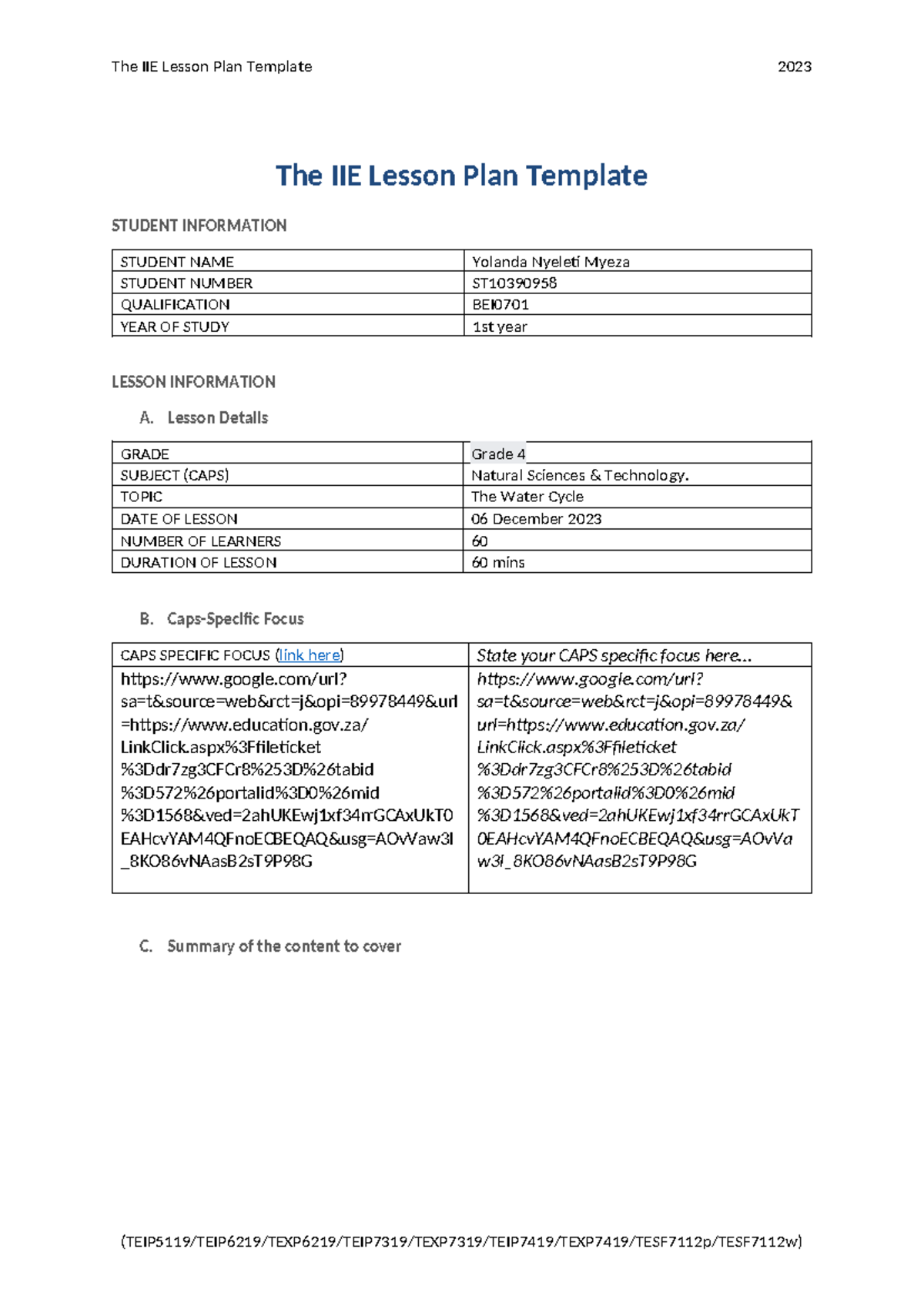 TEIP lesson plan-1 - The IIE Lesson Plan Template STUDENT INFORMATION ...