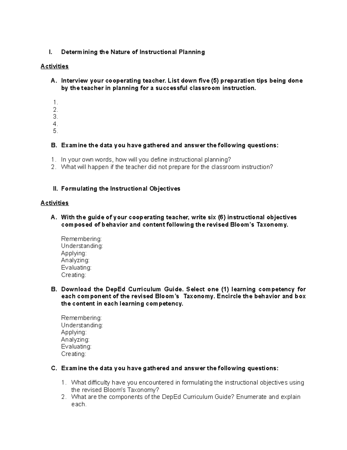 FS 2 Worksheet 1 - Practice teaching - I. Determining the Nature of ...