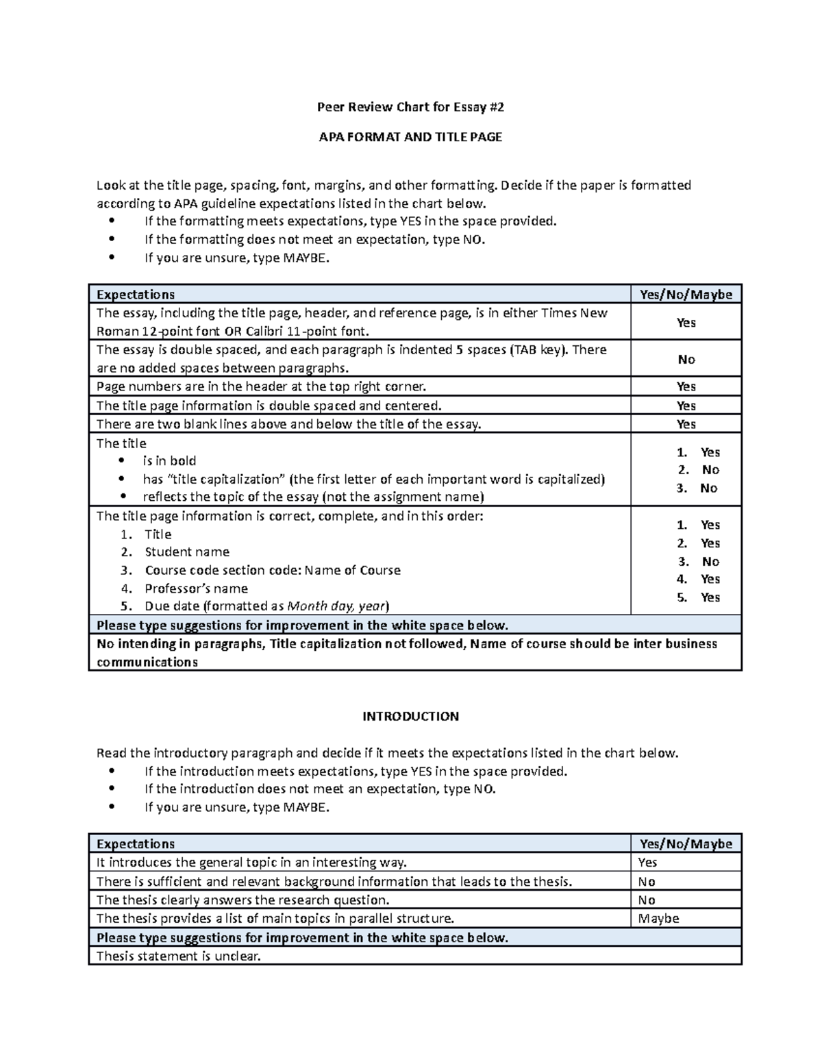 Checklist for Peer Review #2 - Peer Review Chart for Essay # APA FORMAT ...