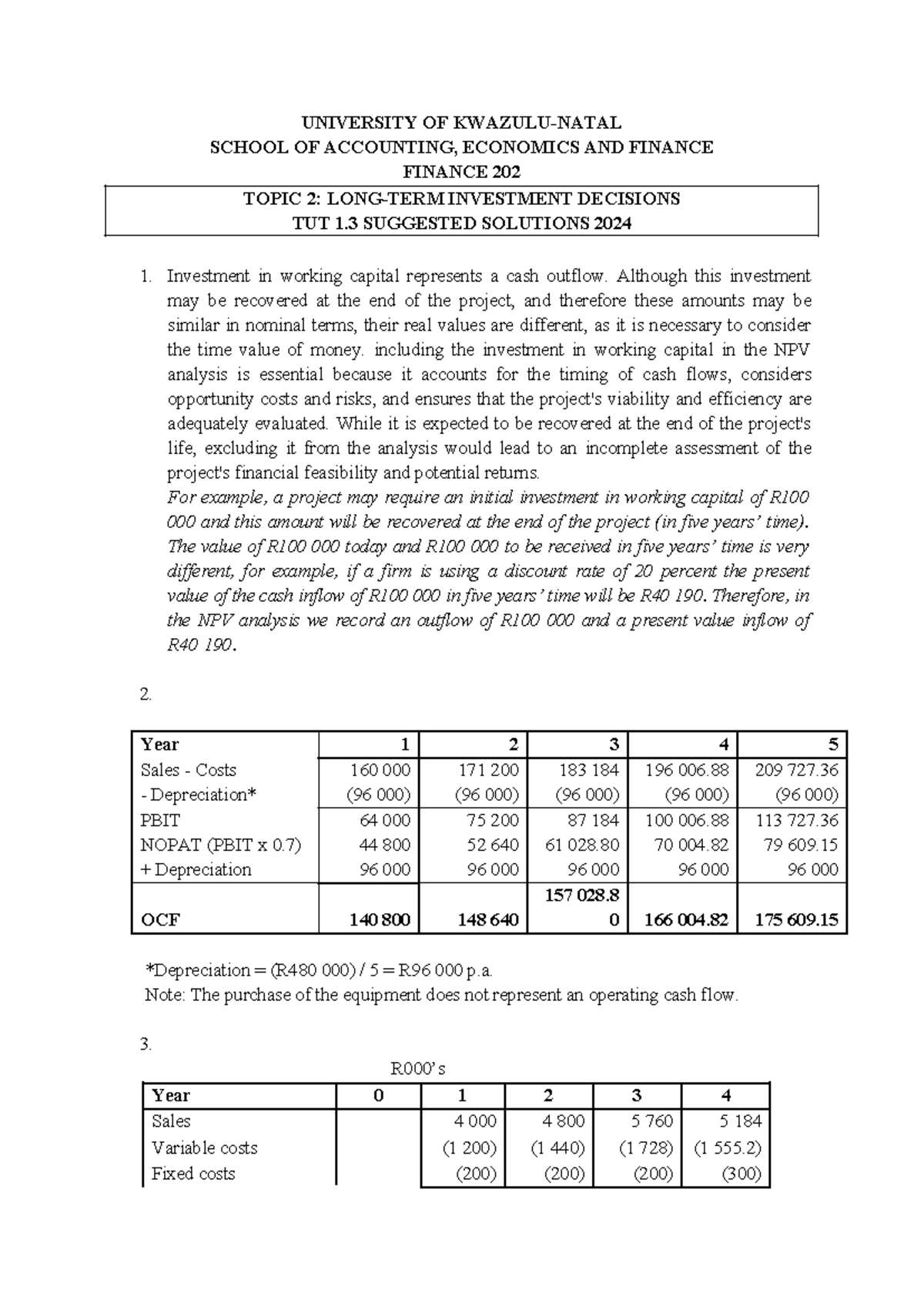 Fina202 Tut 1.3 suggested solutions - UNIVERSITY OF KWAZULU-NATAL SCHOOL OF ACCOUNTING ...