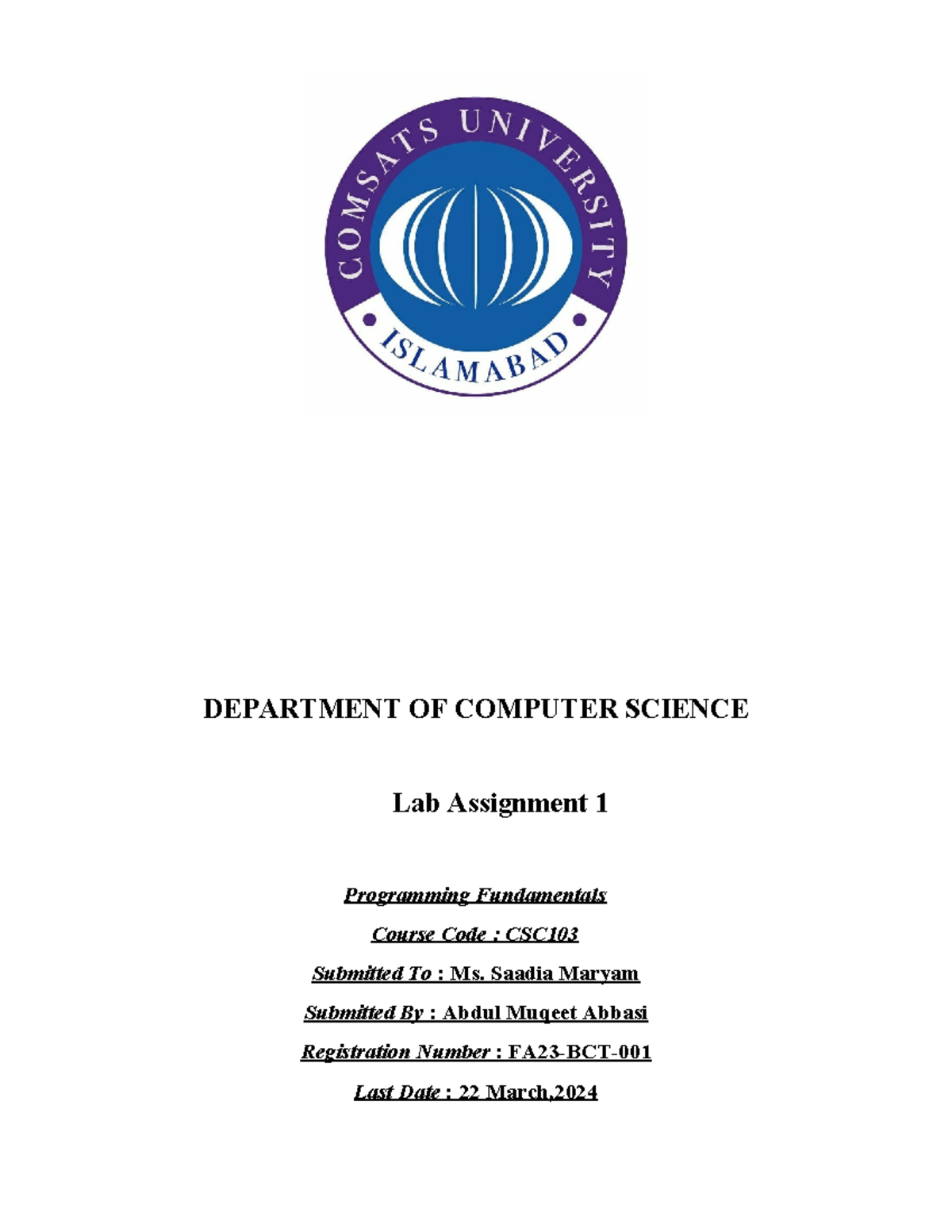 Lab Assignment 1 Department Of Computer Science Lab Assignment 1