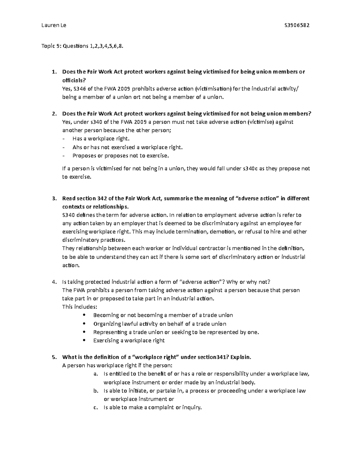 Intorduction to Emp. Law Topic 9 Questions - Lauren Le S Topic 9 ...