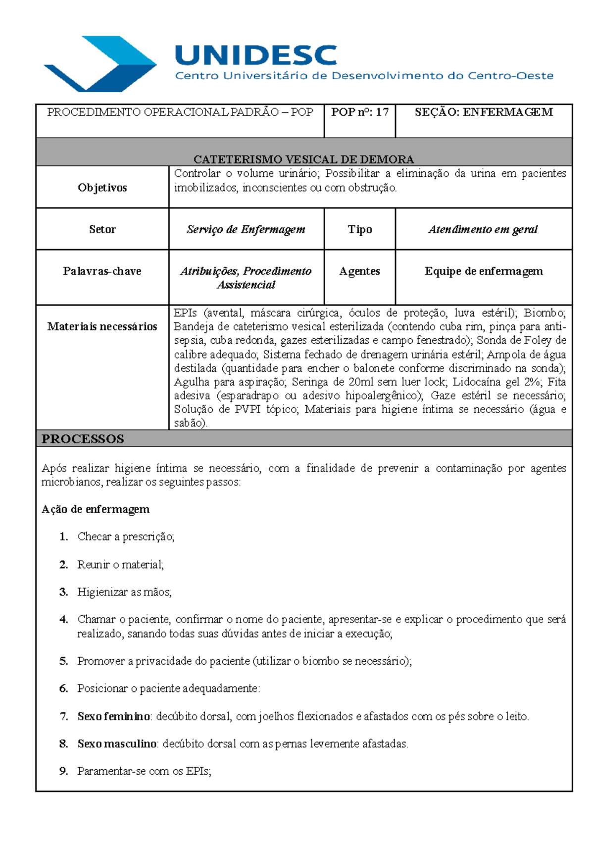Cateterismo Vesical de Demora - PROCEDIMENTO OPERACIONAL PADRÃO – POP ...