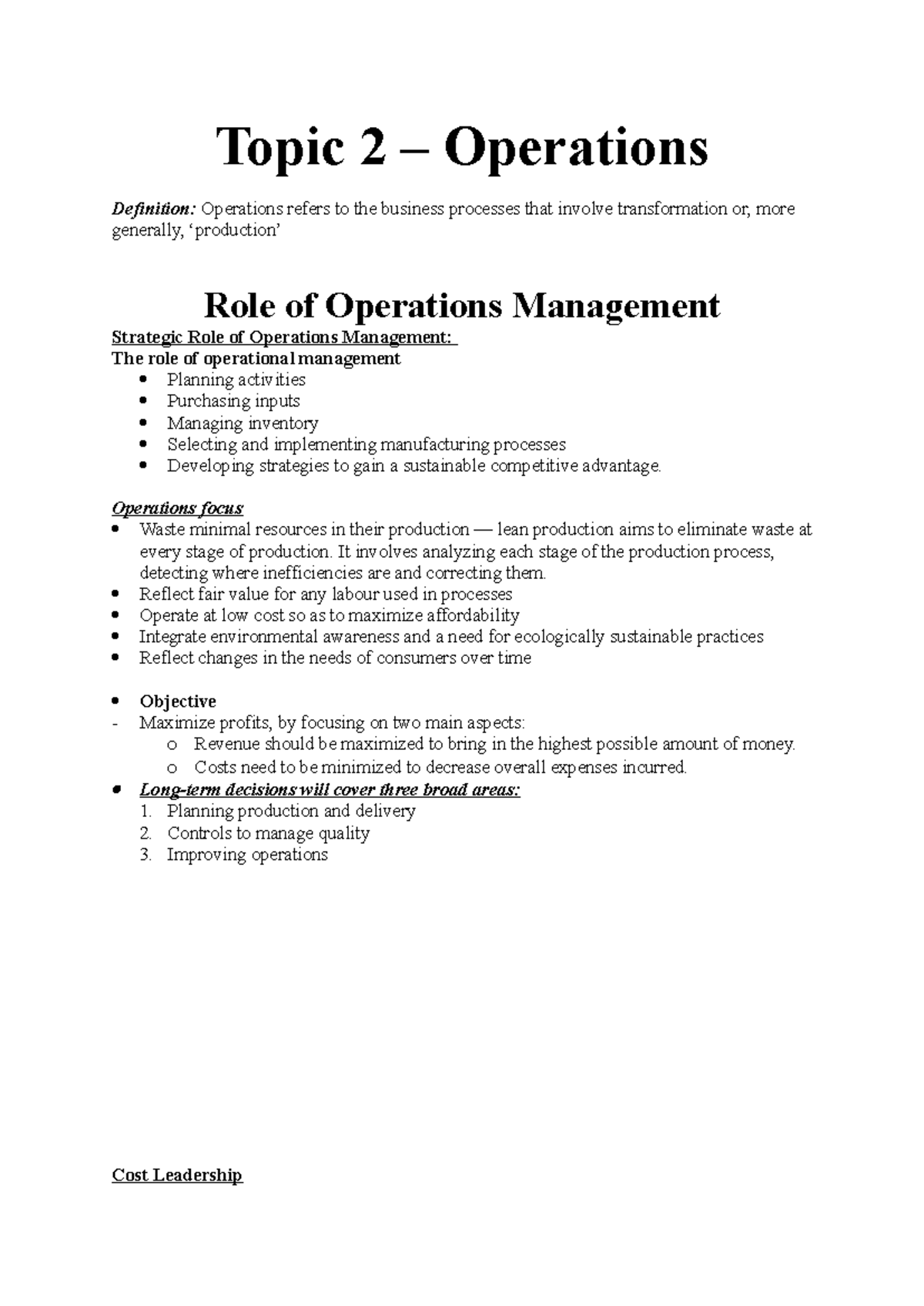Topic 2 - Operations - syllabus dot point notes - Topic 2 – Operations ...