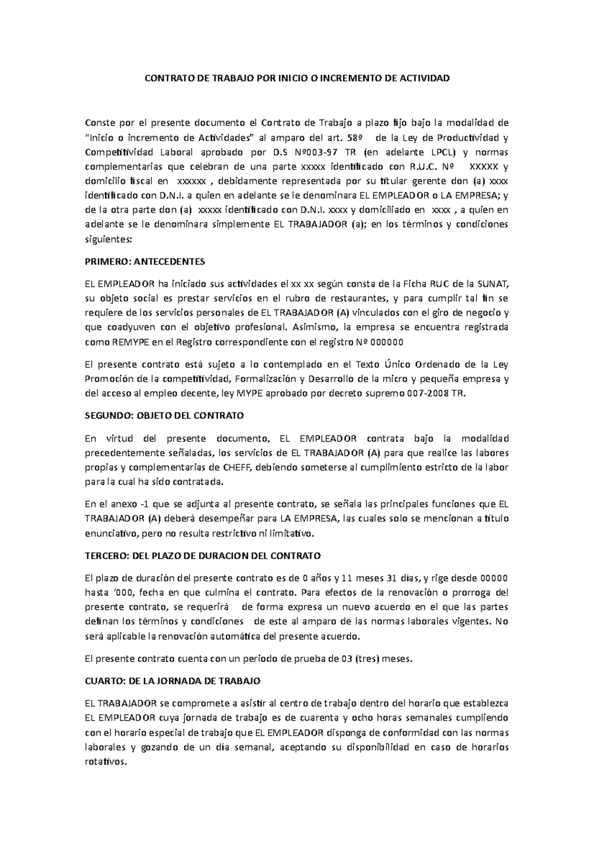 Contrato DE Trabajo POR Inicio O Incremento DE Actividad - CONTRATO DE TRABAJO POR INICIO O ...