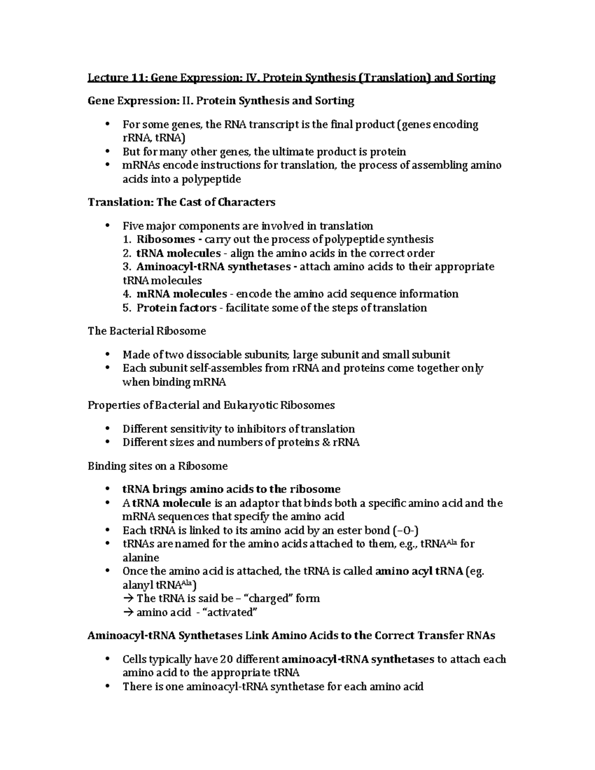 Lecture 11 - Lecture 11: Gene Expression: IV. Protein Synthesis ...