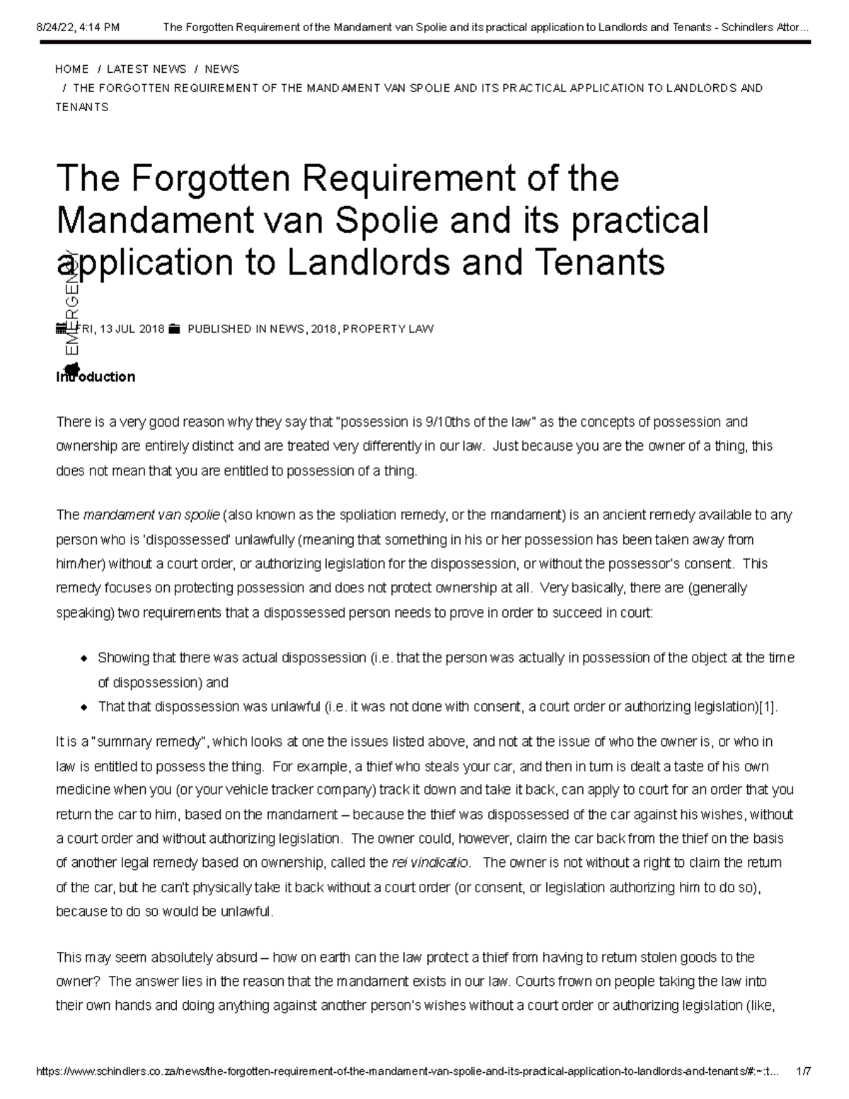 The Forgotten Requirement of the Mandament van Spolie and its practical ...