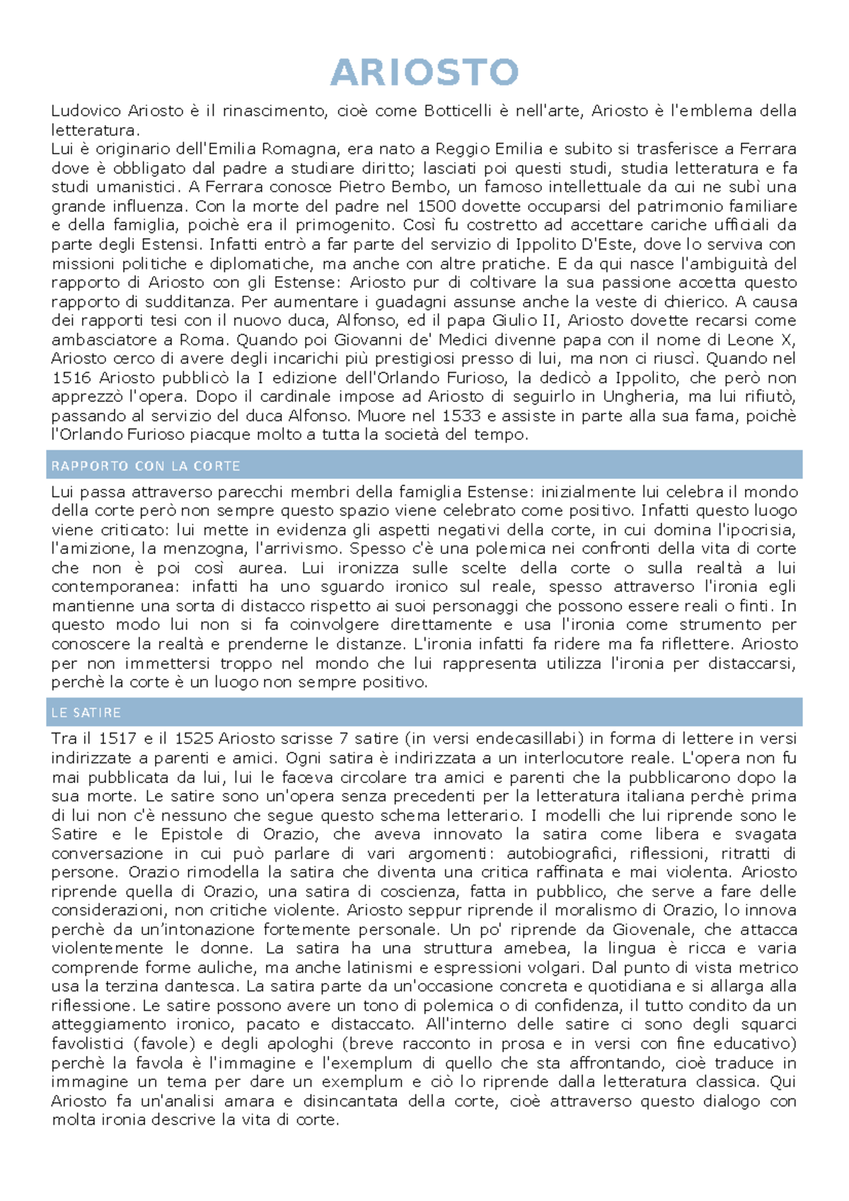 Ariosto - Appunti - ARIOSTO Ludovico Ariosto è il rinascimento, cioè ...
