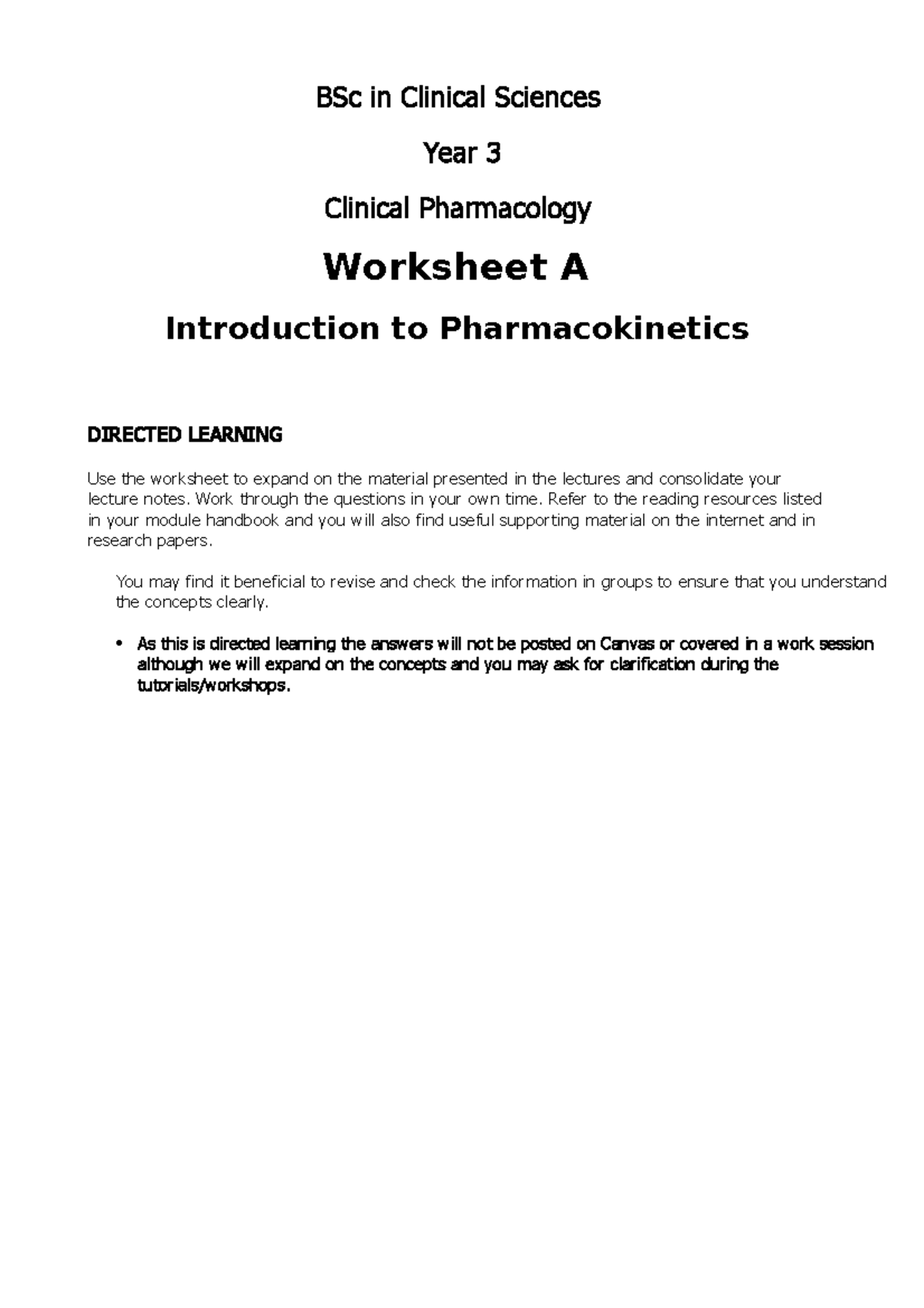 Worksheet A Clinical Pharmacology 2018 - BSc in Clinical Sciences Year ...