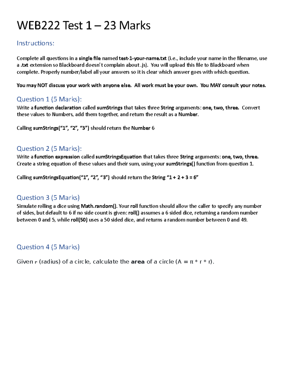 WEB222 Test 1N - TEST1 - WEB222 Test 1 – 23 Marks Instructions ...