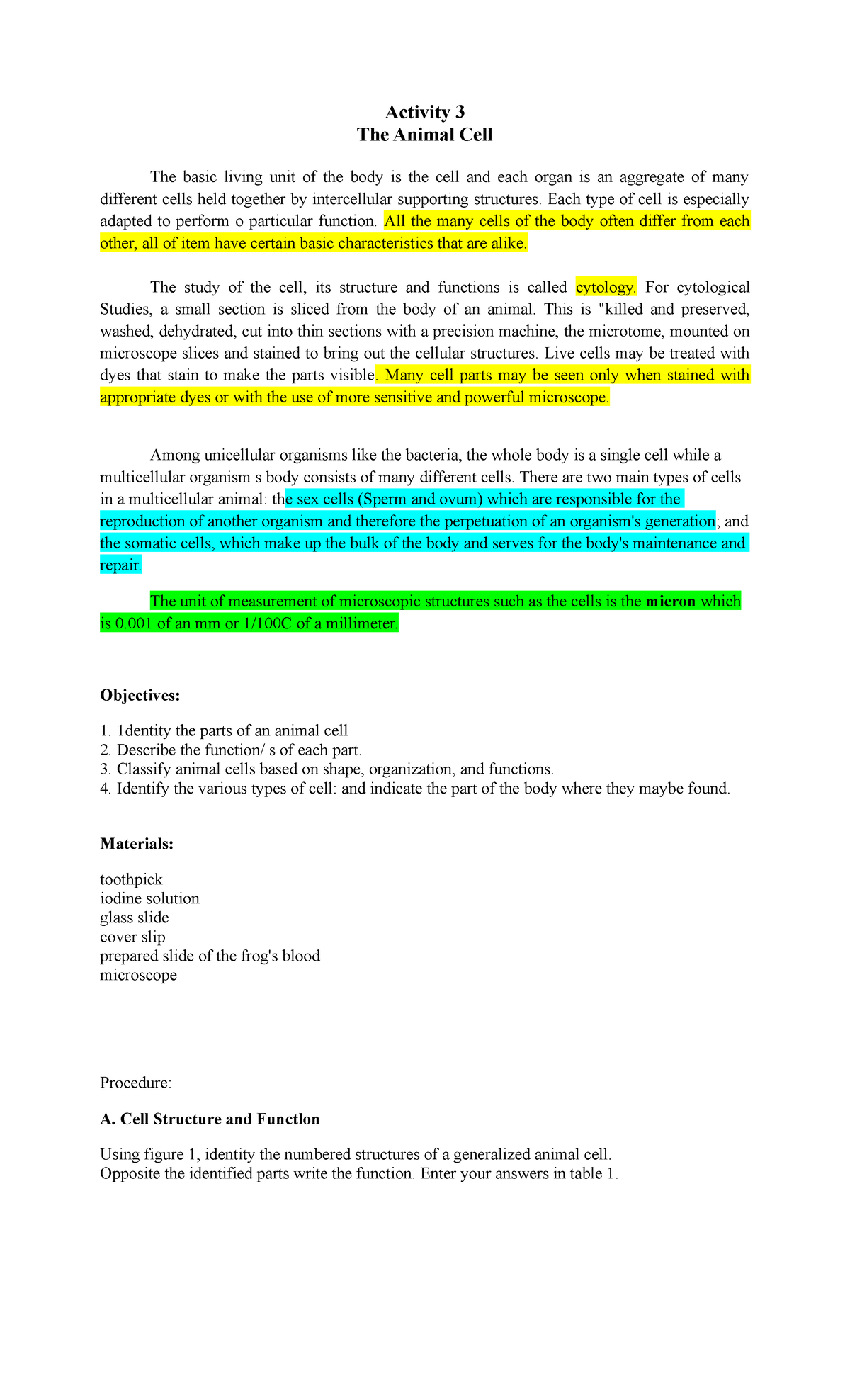 Activity 3 animal cell - laboratory report - Activity 3 The Animal Cell ...