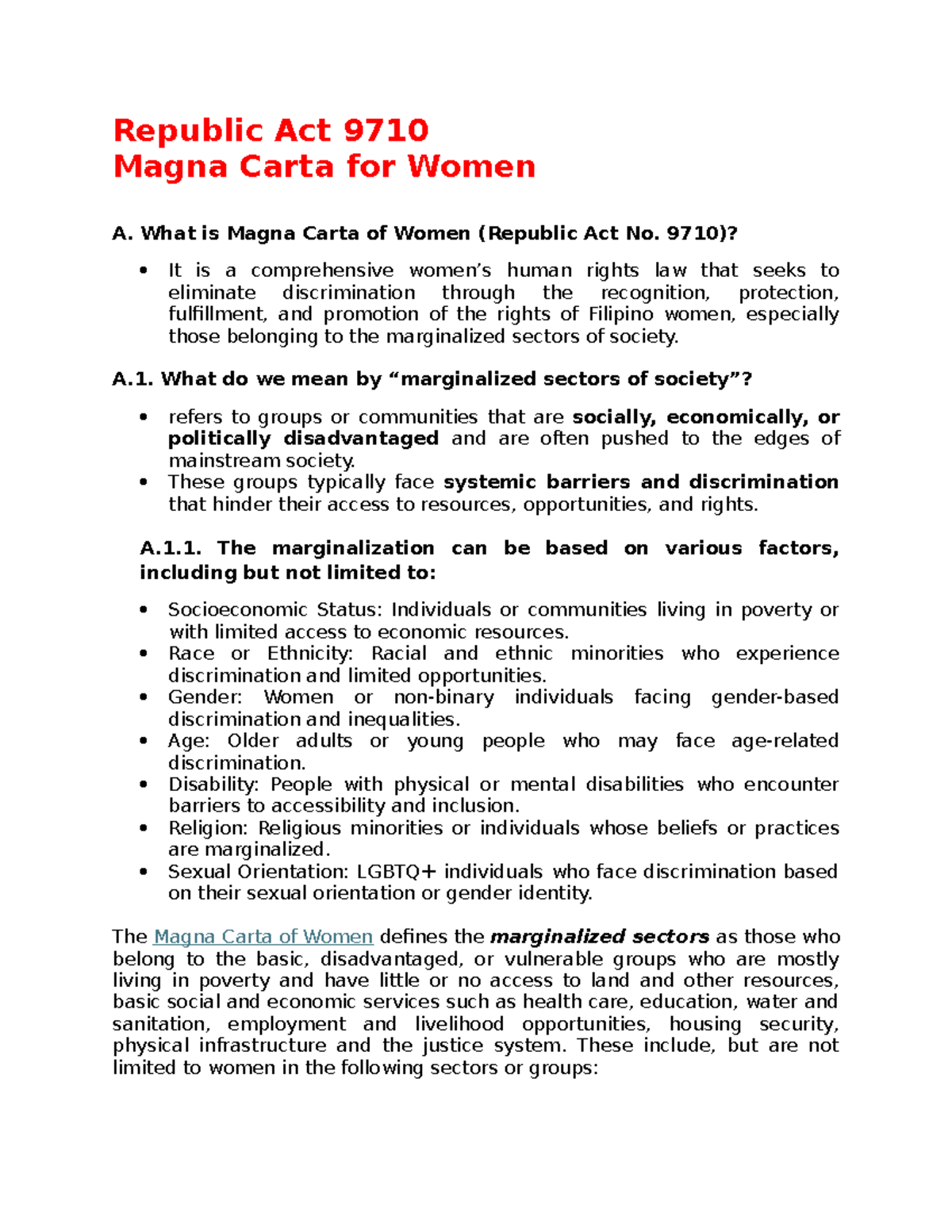 Magna Carta for Women - document - Republic Act 9710 Magna Carta for Women A. What is Magna ...