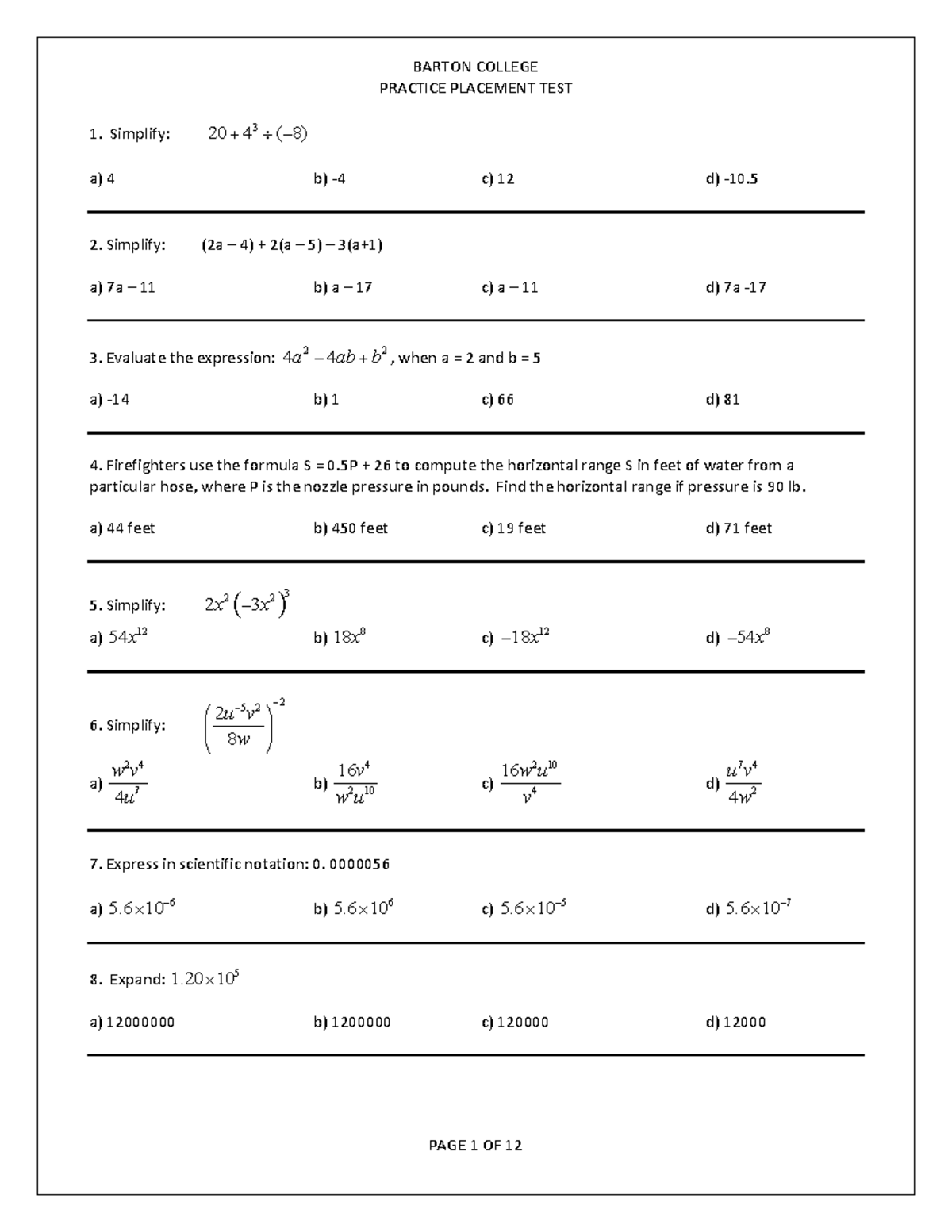 Practice Math Placement Test Practice Problem PRACTICE PLACEMENT