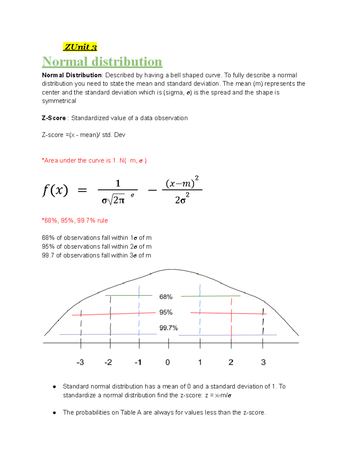 AP Stats Notes 2 - ZUnit 3 Normal distribution Normal Distribution ...