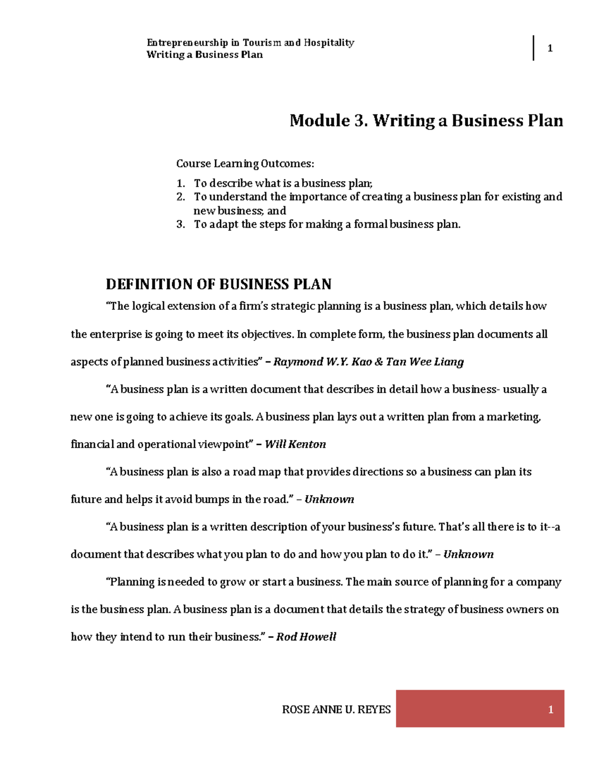 W4 Module 3- Writing a Business Plan - Module 3. Writing a Business ...